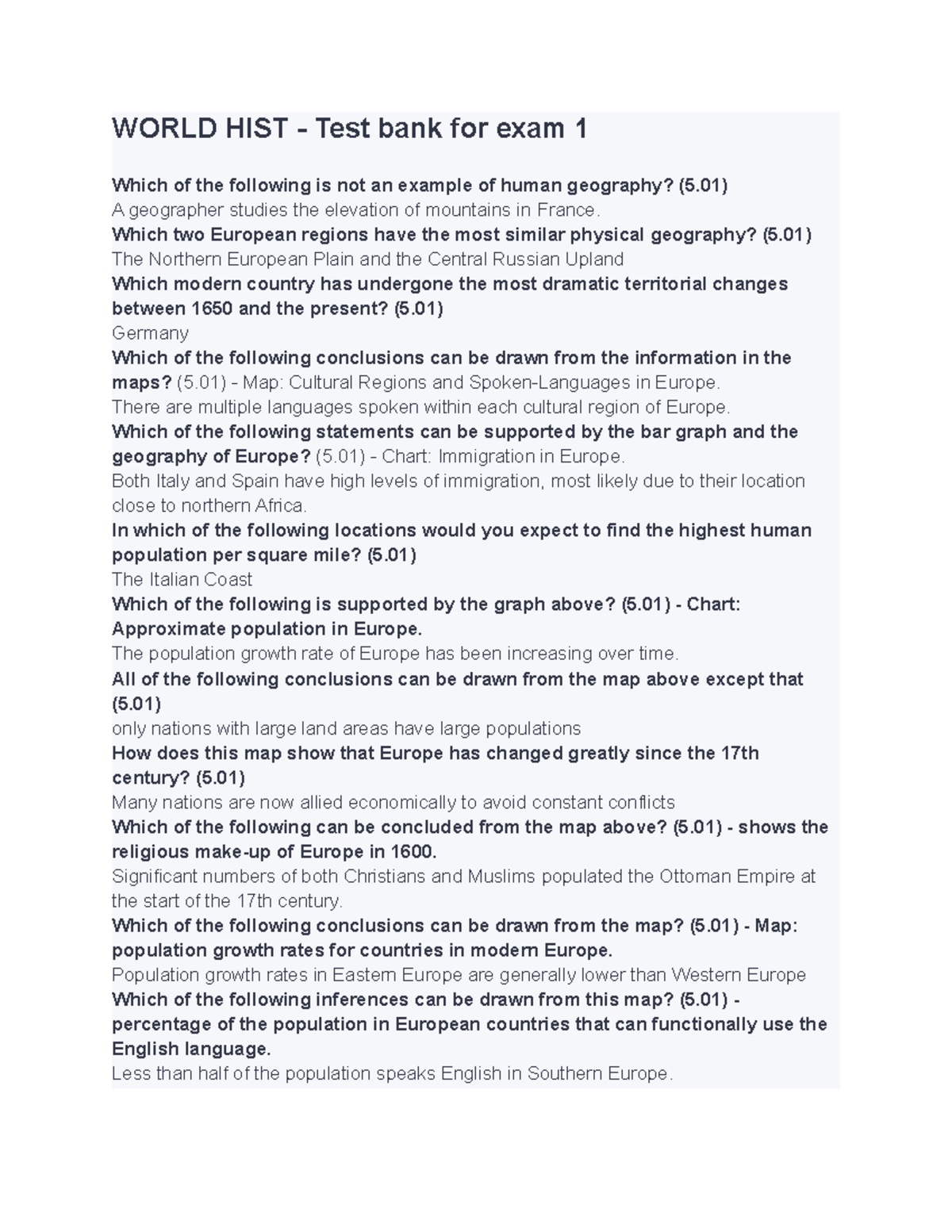 World HIST - Test bank for exam 1 - WORLD HIST - Test bank for exam 1 ...