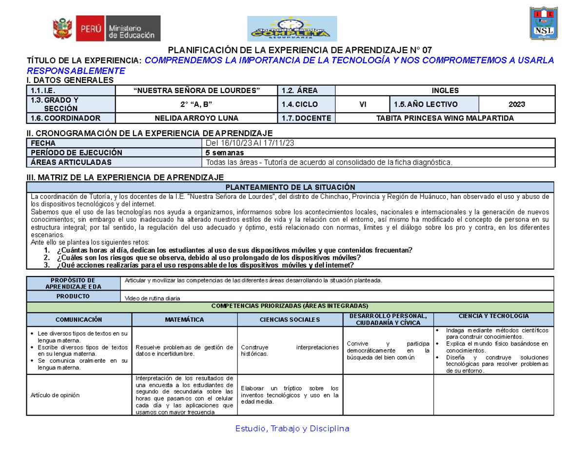 Planificador EDA 7 VI-2023 2° de Secundaria - PLANIFICACIÓN DE LA EXPERIENCIA DE APRENDIZAJE N ...
