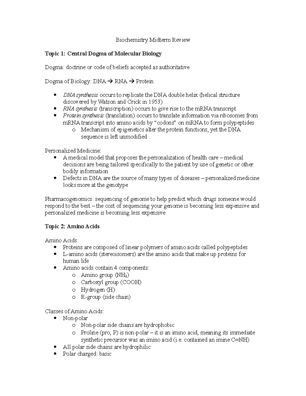 Biochemistry Midterm Notes Summary - Biochemistry Midterm Review Topic ...