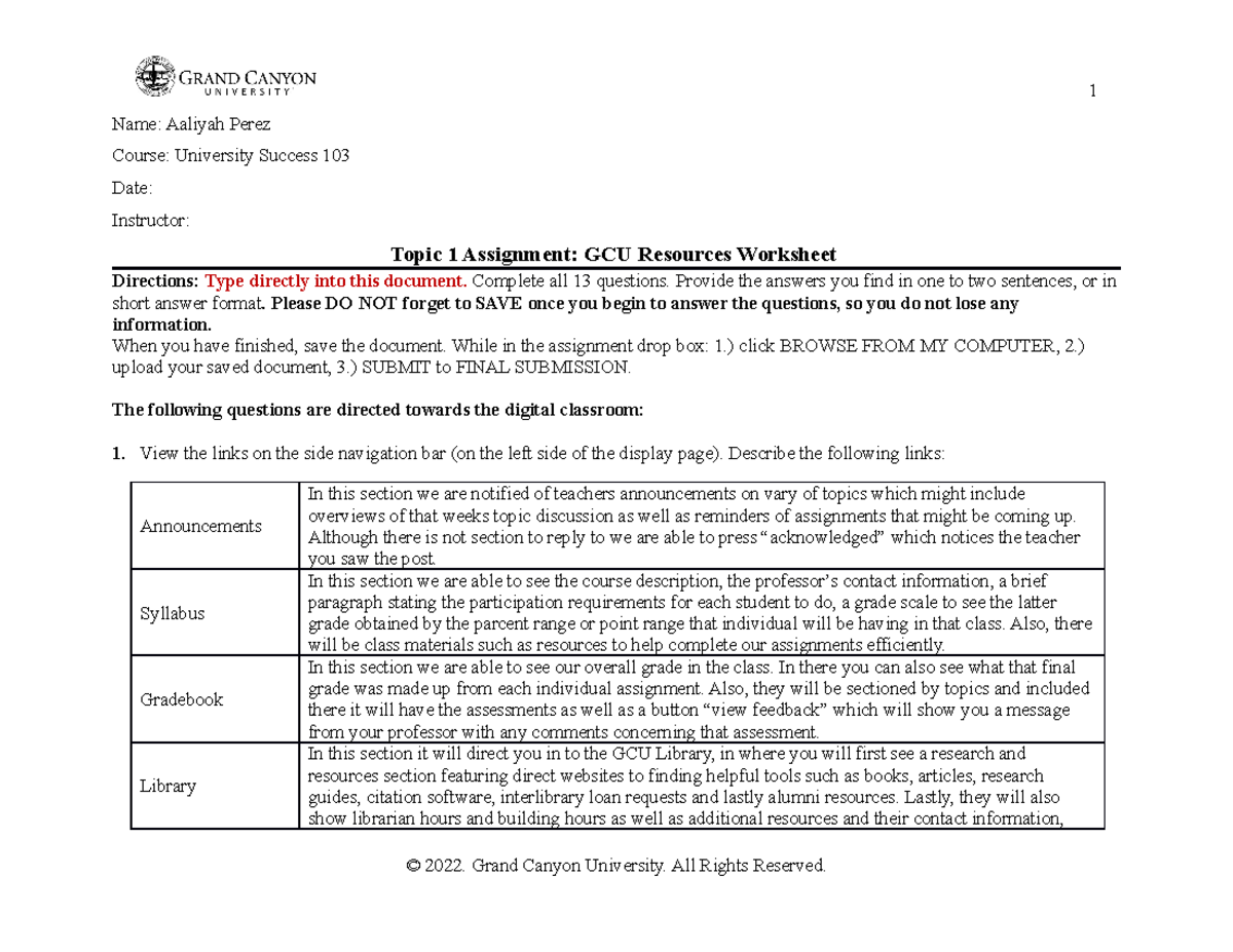 UNV 103 RS T1 Resources Worksheet Trad - 1 Name: Aaliyah Perez Course ...