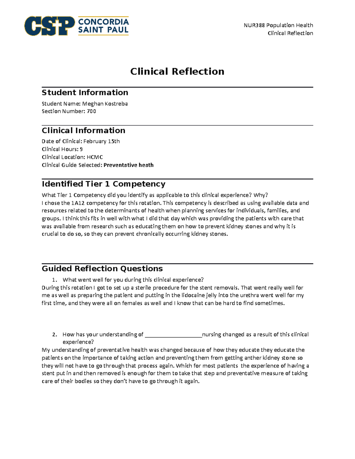 NUR388 Clinical Reflection 5 - NUR388 Population Health Clinical ...