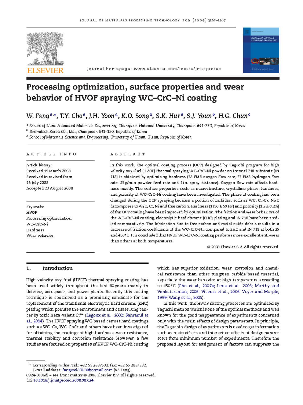 Fang Et Al 2009 Processing Optimization Surface Properties And