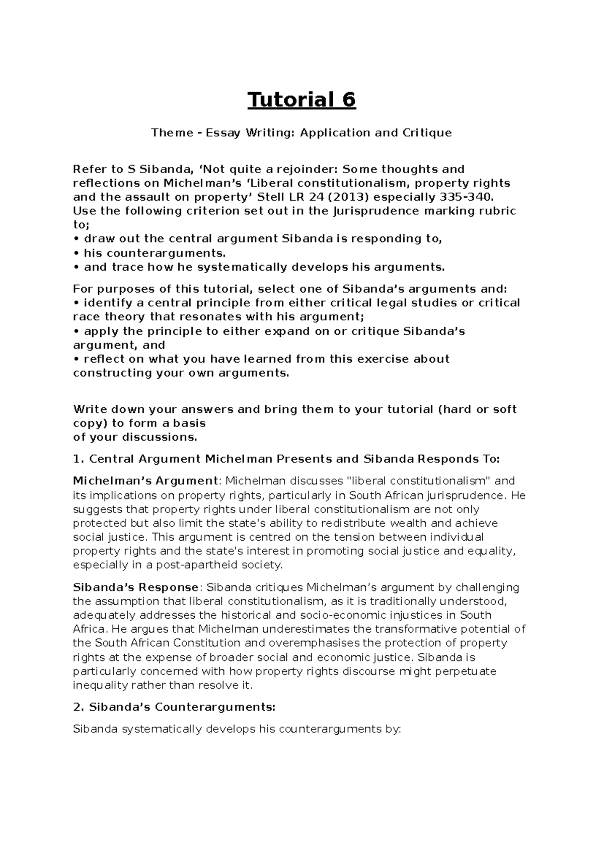Juris tut 6 answers - Tutorial 6 Theme - Essay Writing: Application and ...