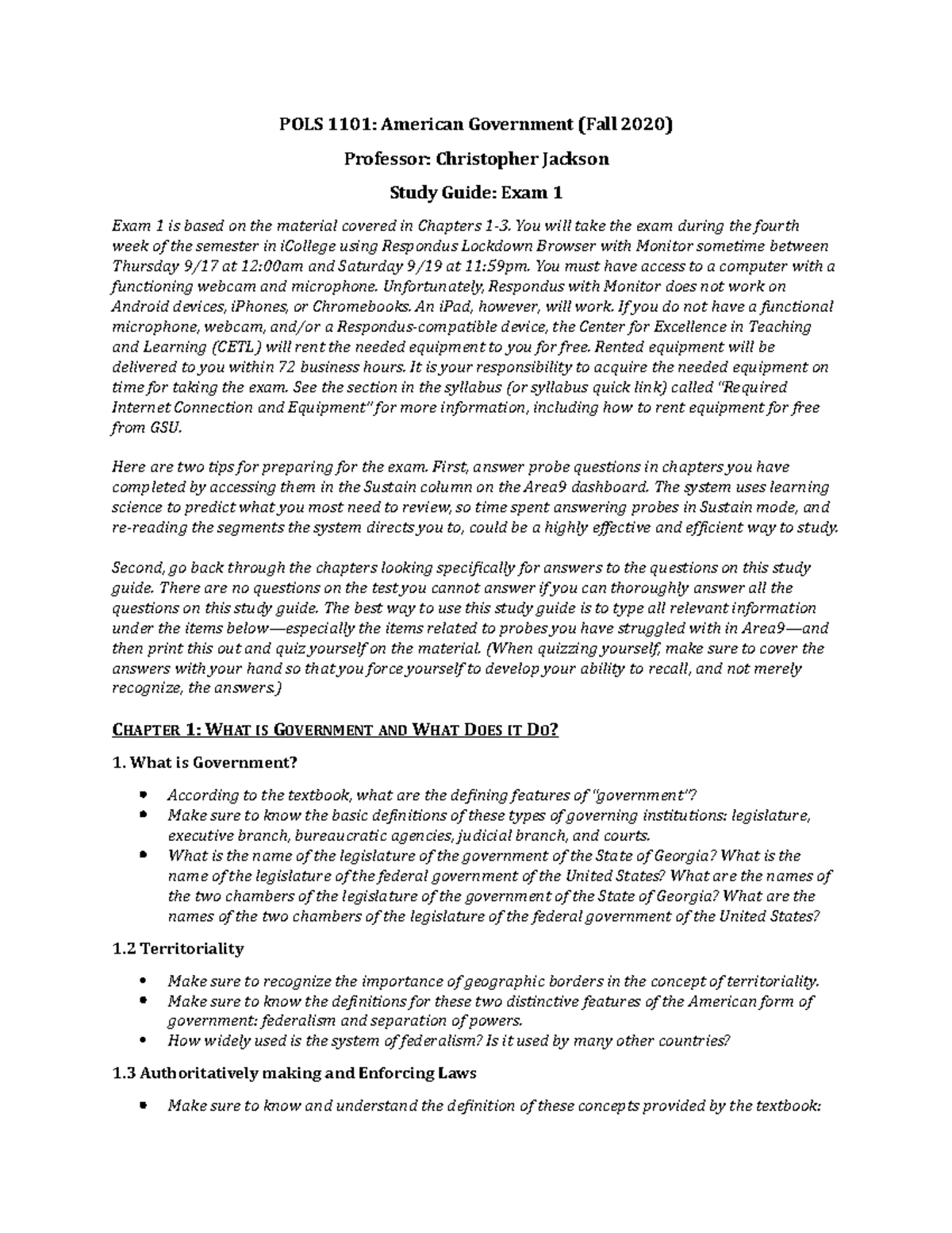 POLS 1101 F20 Evans Exam 1 Study Guide - POLS 1101: American Government ...