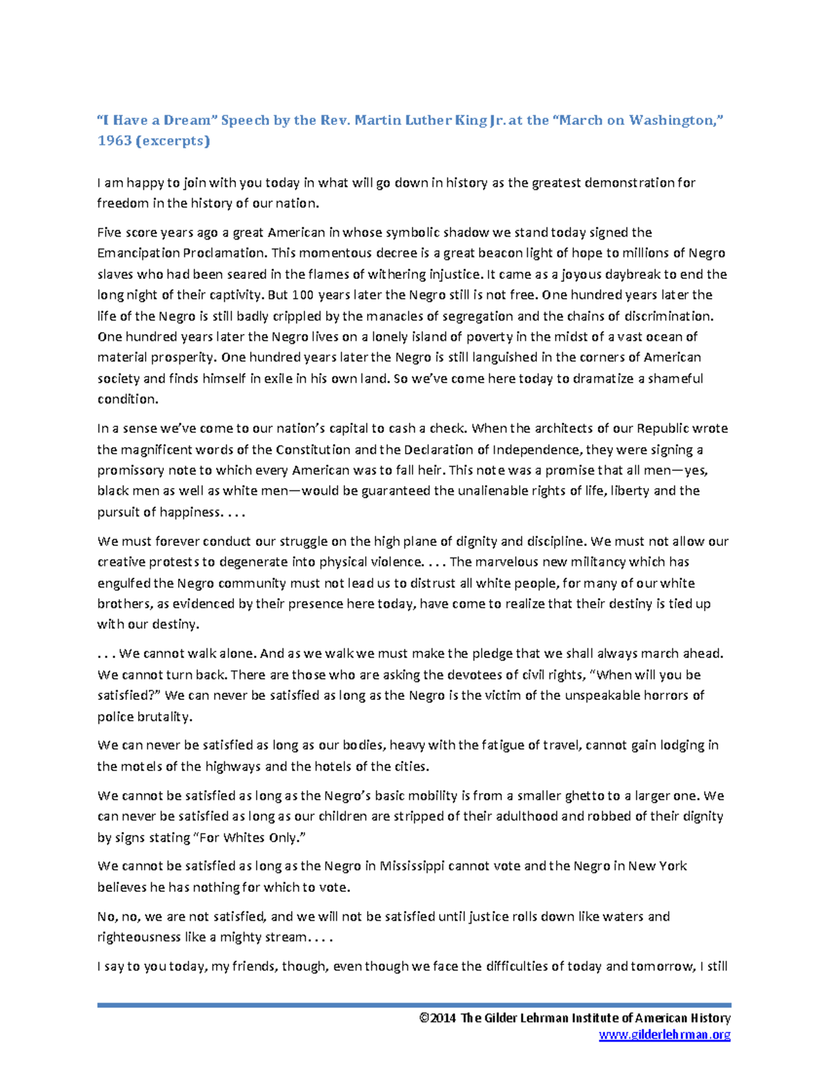 King - An exert from a speech - ©2014 The Gilder Lehrman Institute of ...