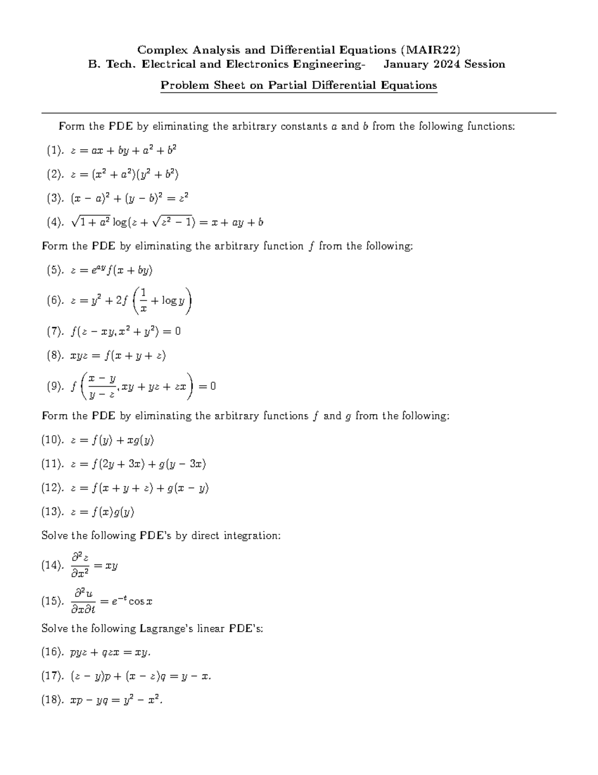 Problem Sheet-PDE - PDE questions - Complex Analysis and Differential Equations (MAIR22) B. Tech ...
