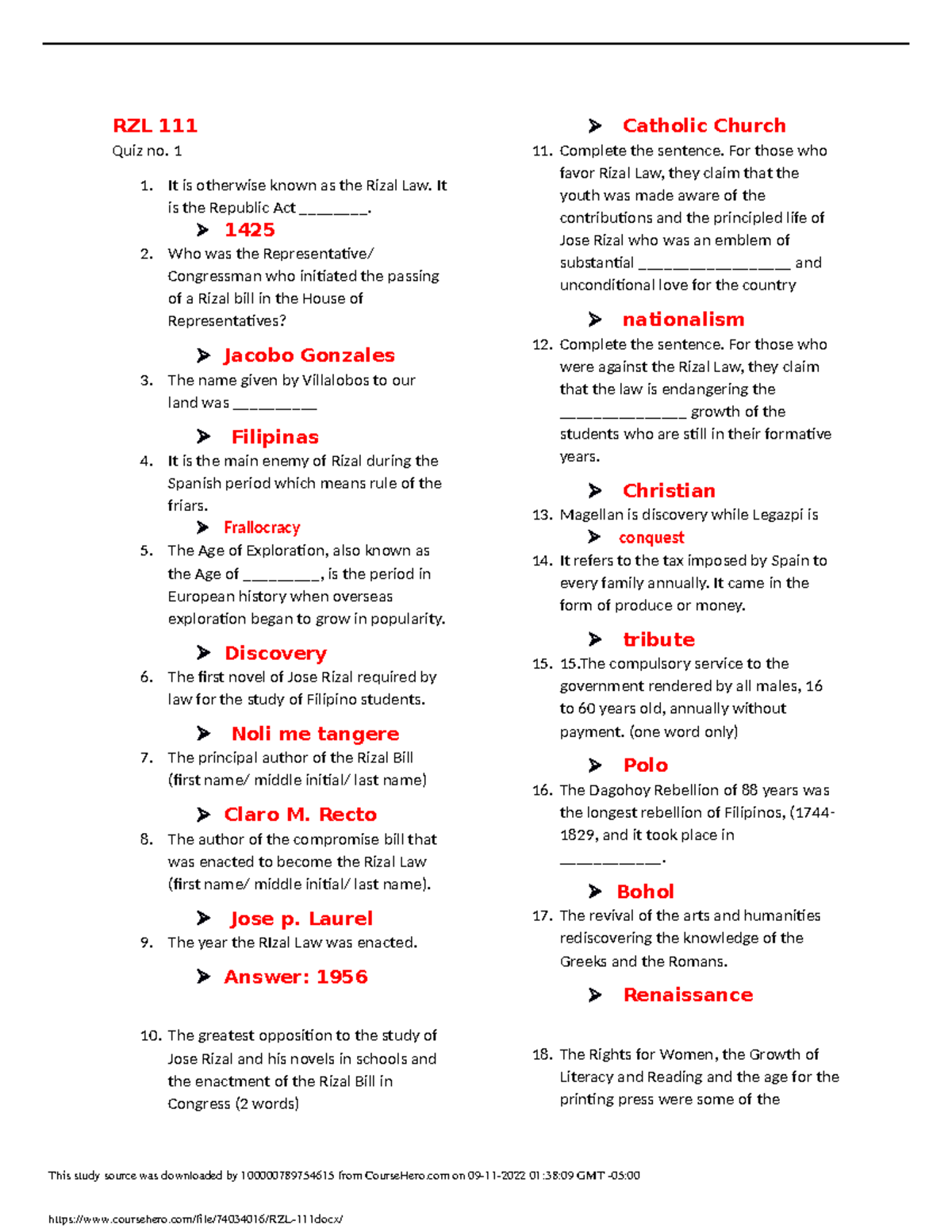RZL 111 - None - RZL 111 Quiz no. 1 1. It is otherwise known as the ...