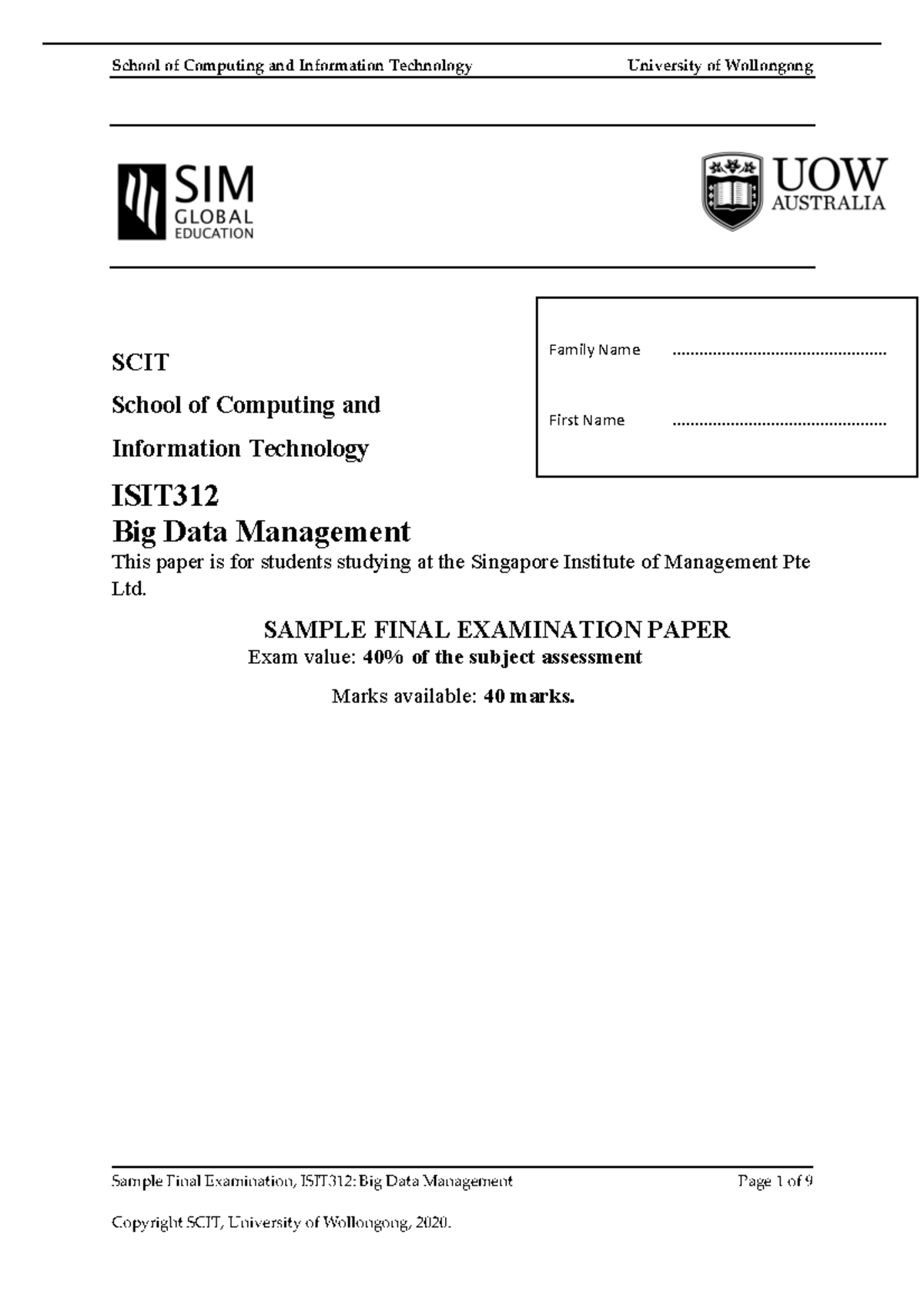 Sample Examination Paper 2020 SIM v1 1 - Sample Final Examination ...