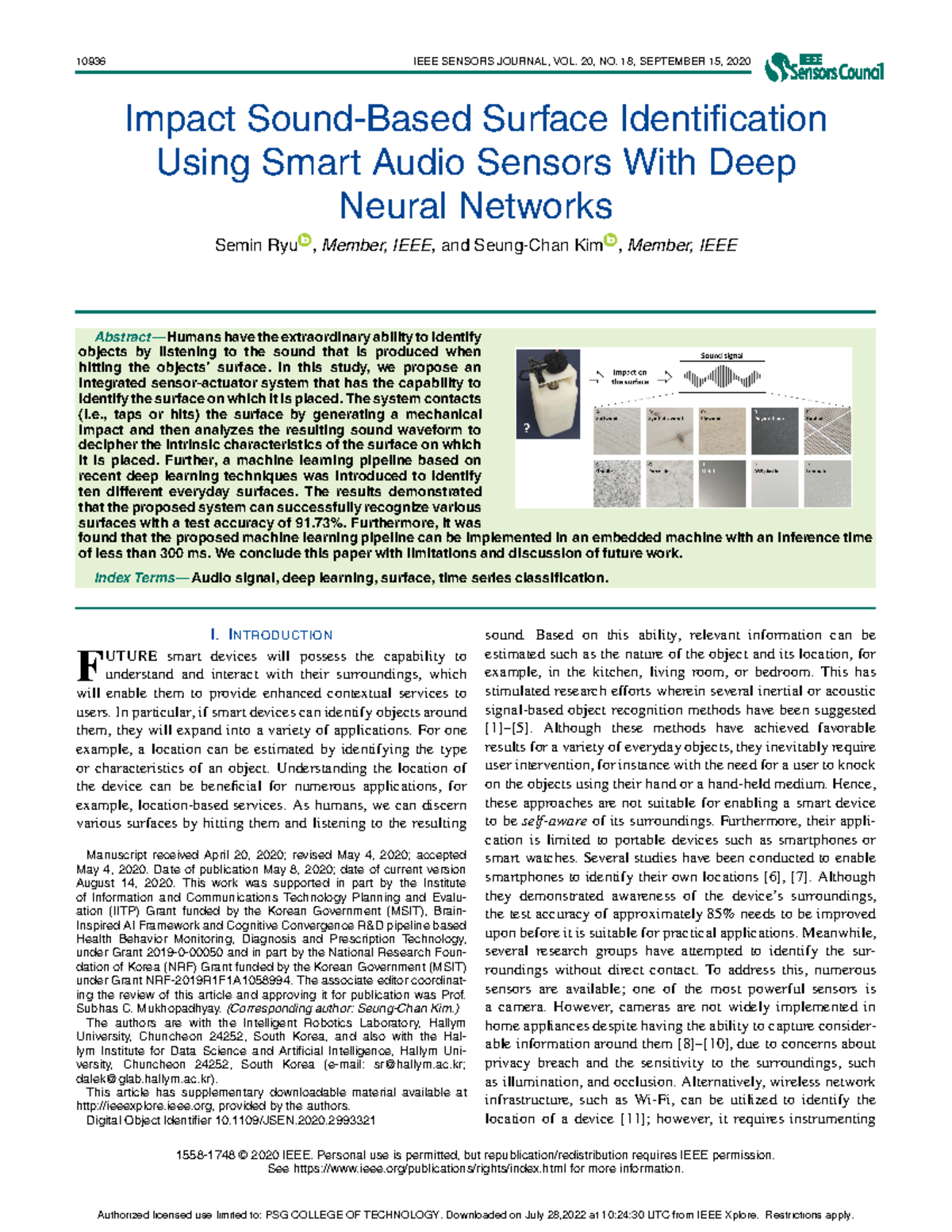 Impact Sound-Based Surface Identification Using Smart Audio Sensors ...