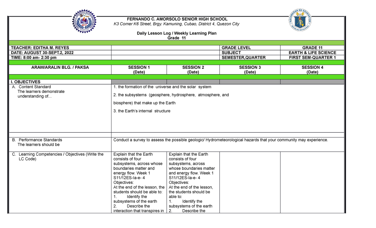 ELS DLL 2ND WEEK 2022 - Daily Lesson Log for Earth & life science ...
