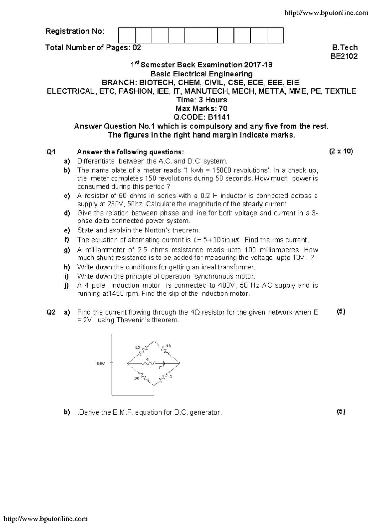 Btech 1 sem basic electrical engineering be2102 2018 - Registration No ...