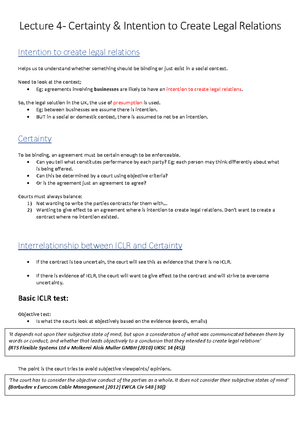 Certainty and Intention to Create Legal Relations Lecture 4 notes ...