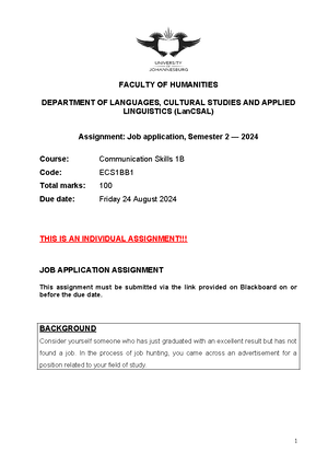 Job Application Assignment - Dep Of Lang, Cul Stud & appl Lin (242ECS1BB1) Engineering - Studocu