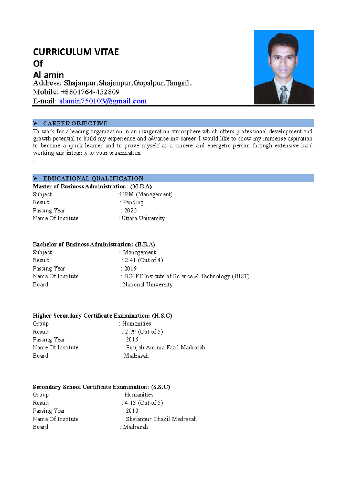 Alamin cv on work - good boy personality - CAREER OBJECTIVE: To work ...