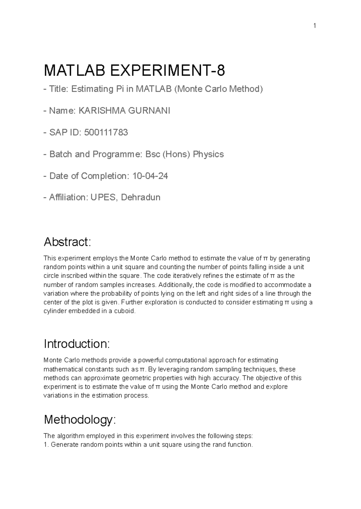 Matlab Experiment-8 karishma 500111783 - 1 MATLAB EXPERIMENT- Title: Estimating Pi in MATLAB ...