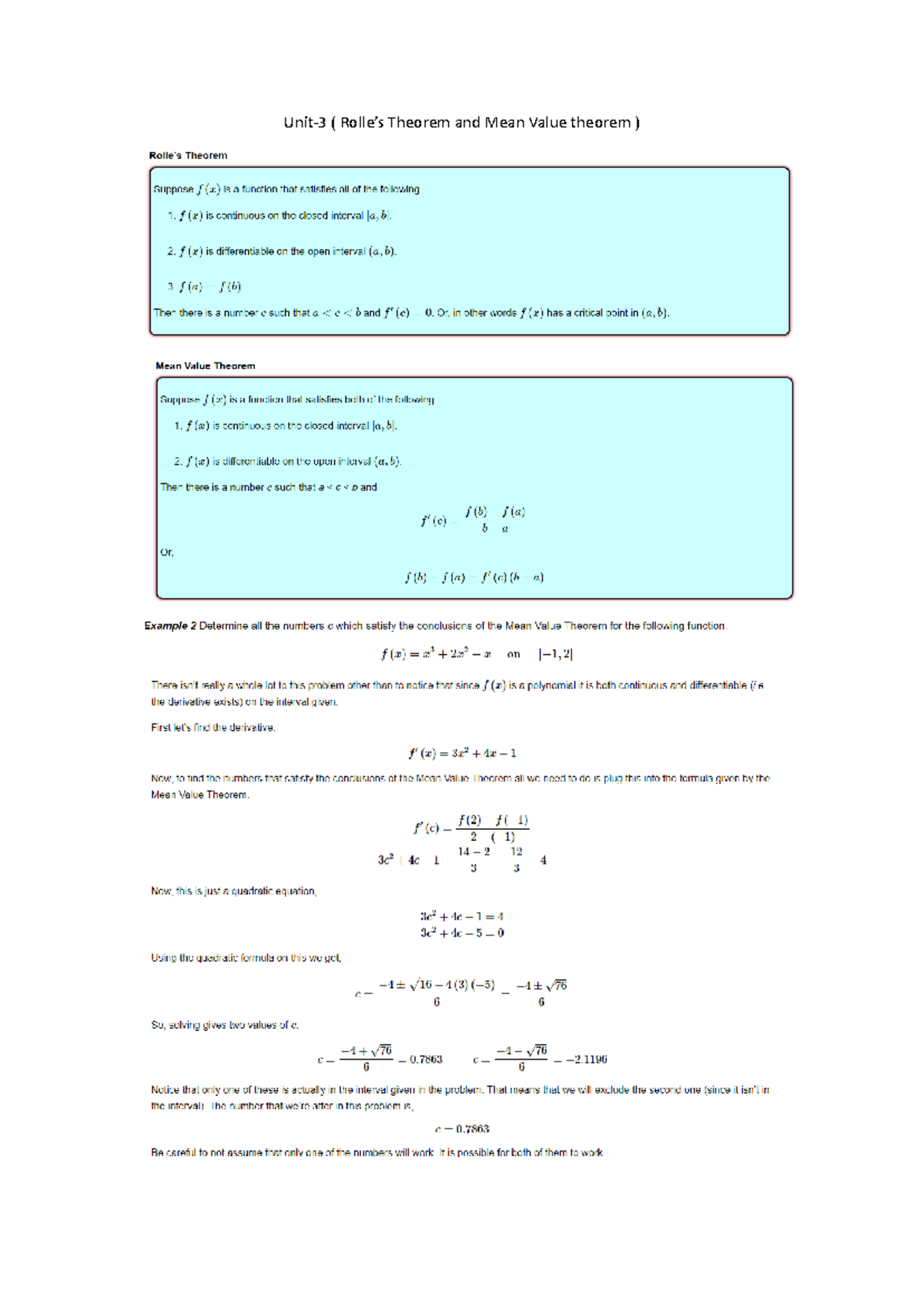Unit3 Rolles and Mean value theorem MTH165 - ( Theorem and Mean Value theorem ) Theorem Suppose ...