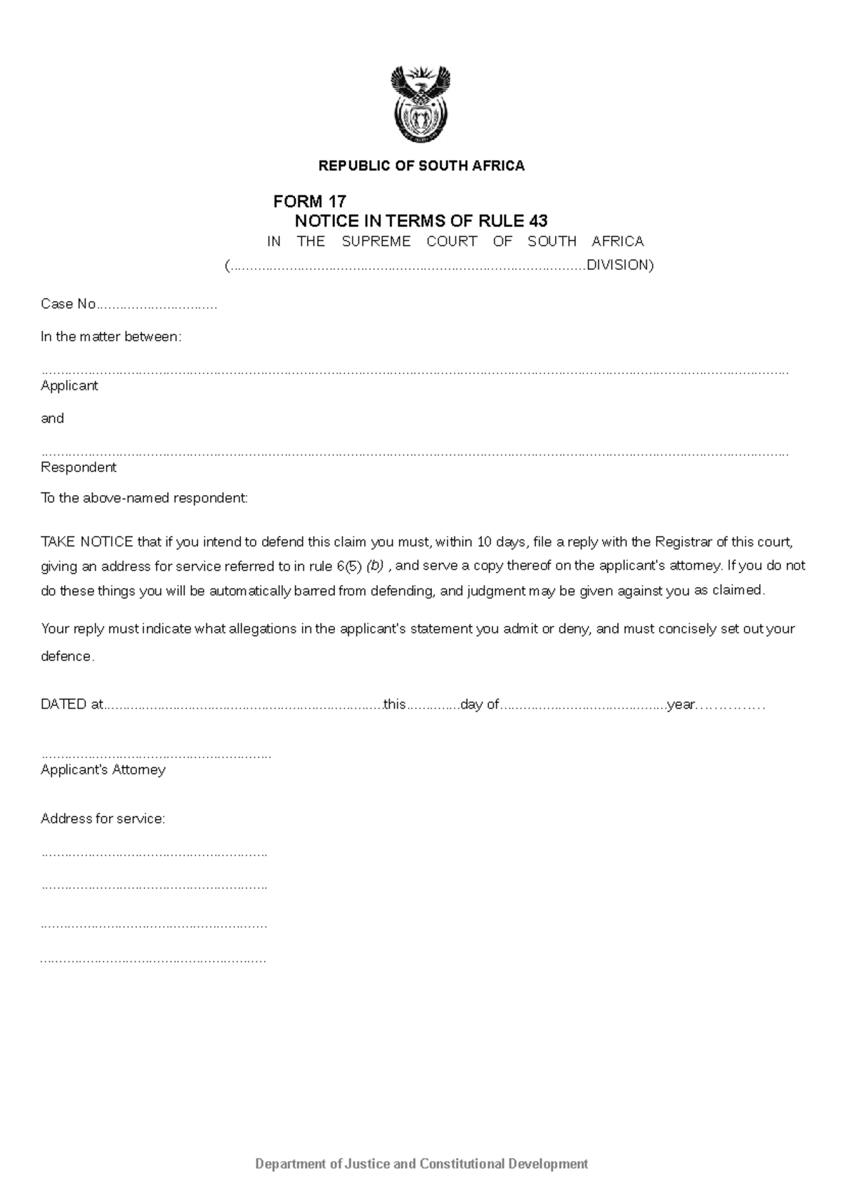 HCUR Form 17 - PRECEDENT - REPUBLIC OF SOUTH AFRICA FORM 17 NOTICE IN ...
