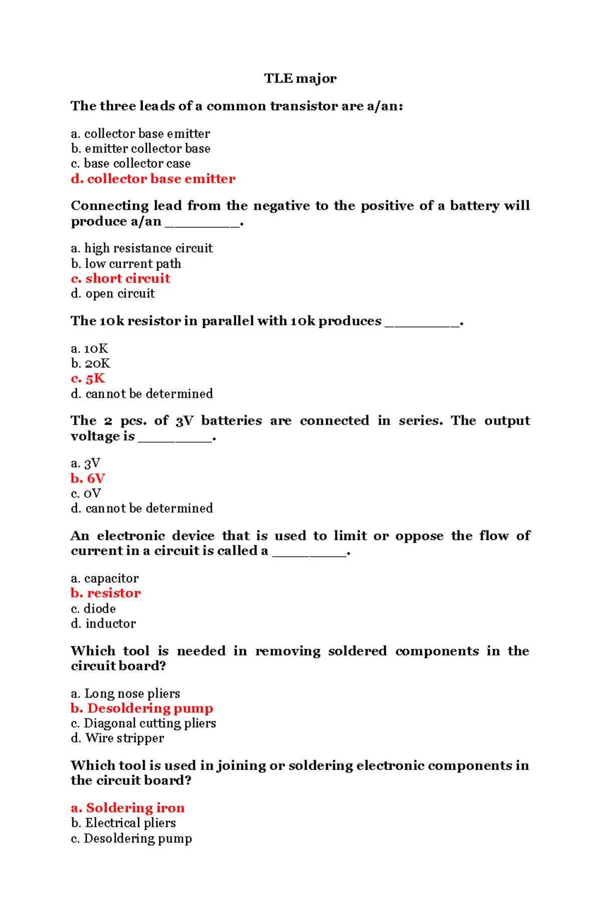 TLE major - reviewer - TLE major The three leads of a common transistor ...