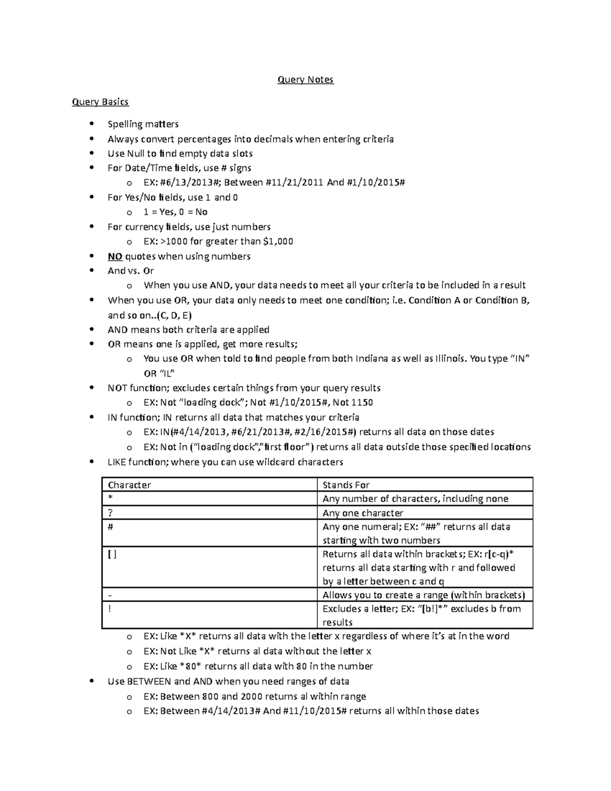 Summary - Lecture - Query Notes Query Basics Spelling matters Always ...