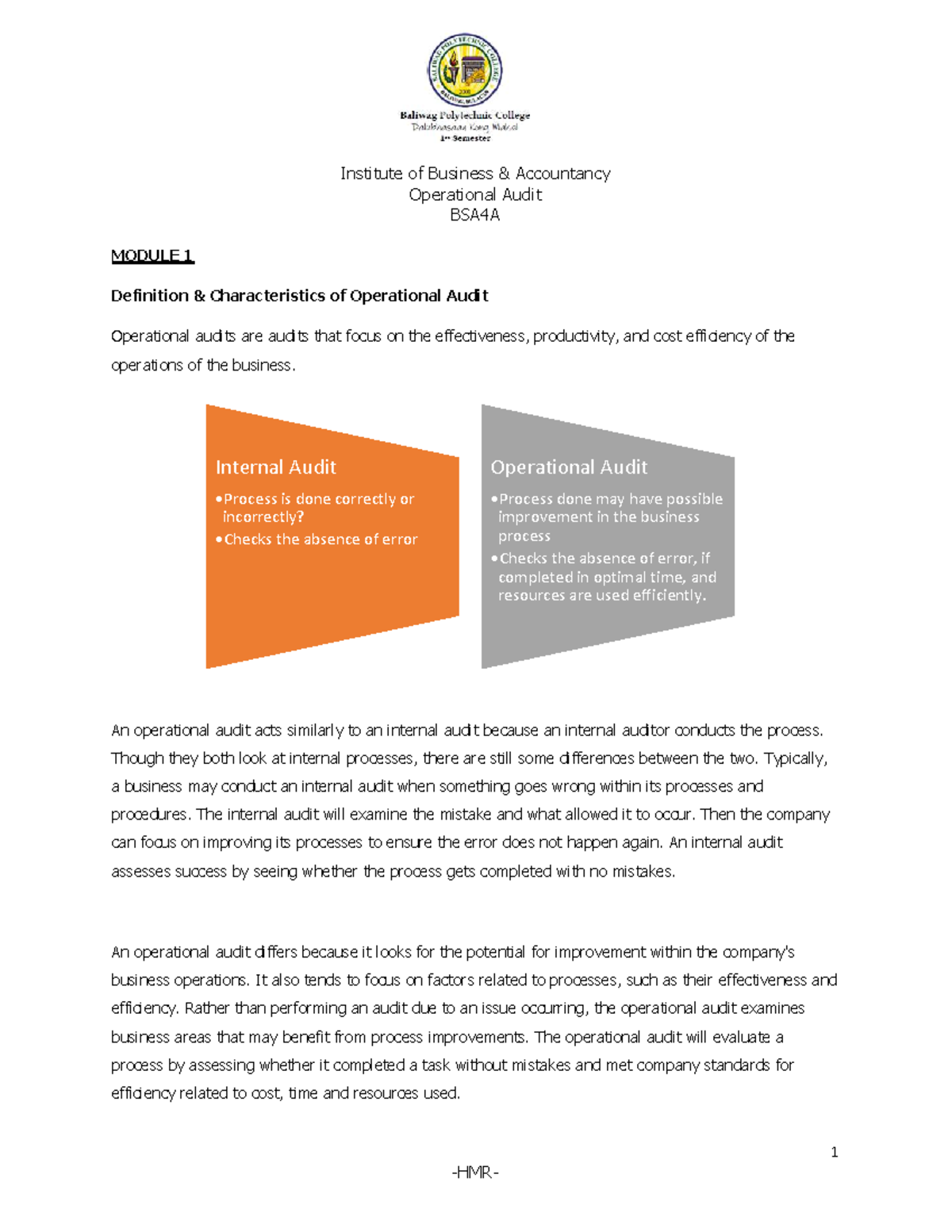 Module 1 - OPERATION AUDIT - Operational Audit BSA4A 1 MODULE 1 ...