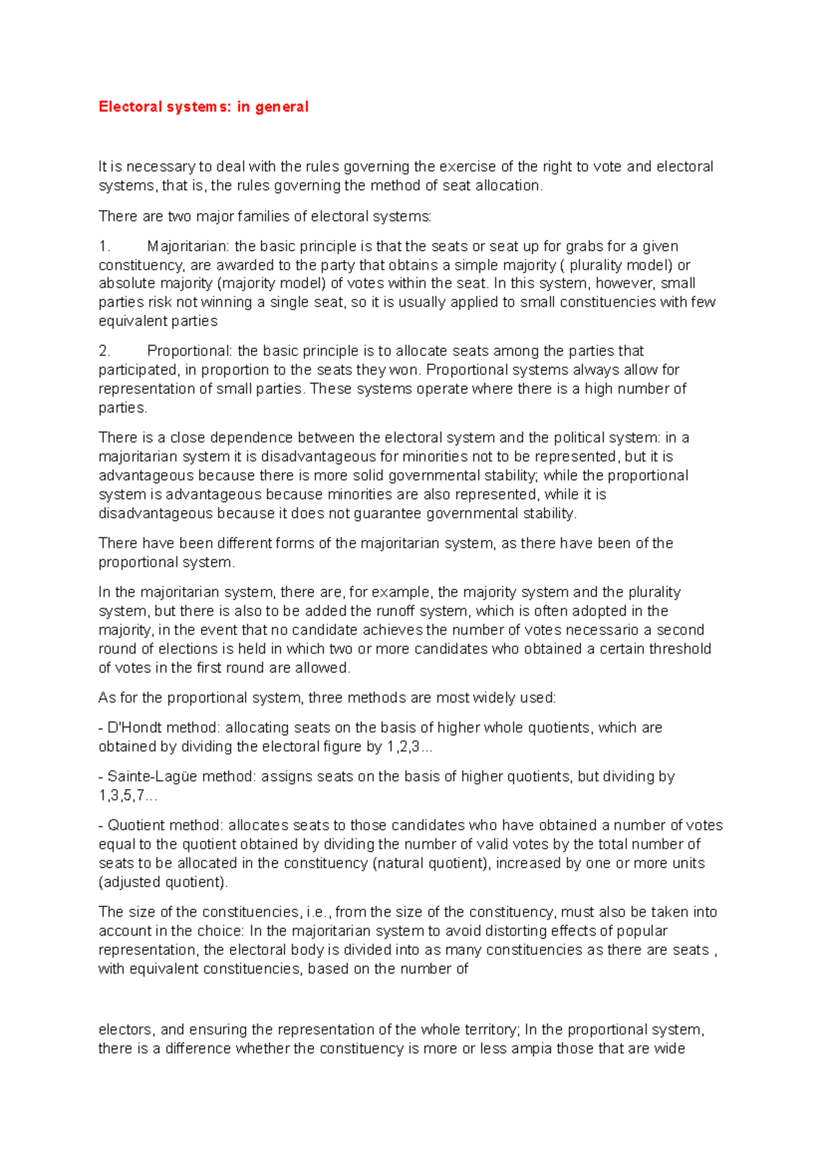 Electoral systems in general 8 - There are two major families of ...