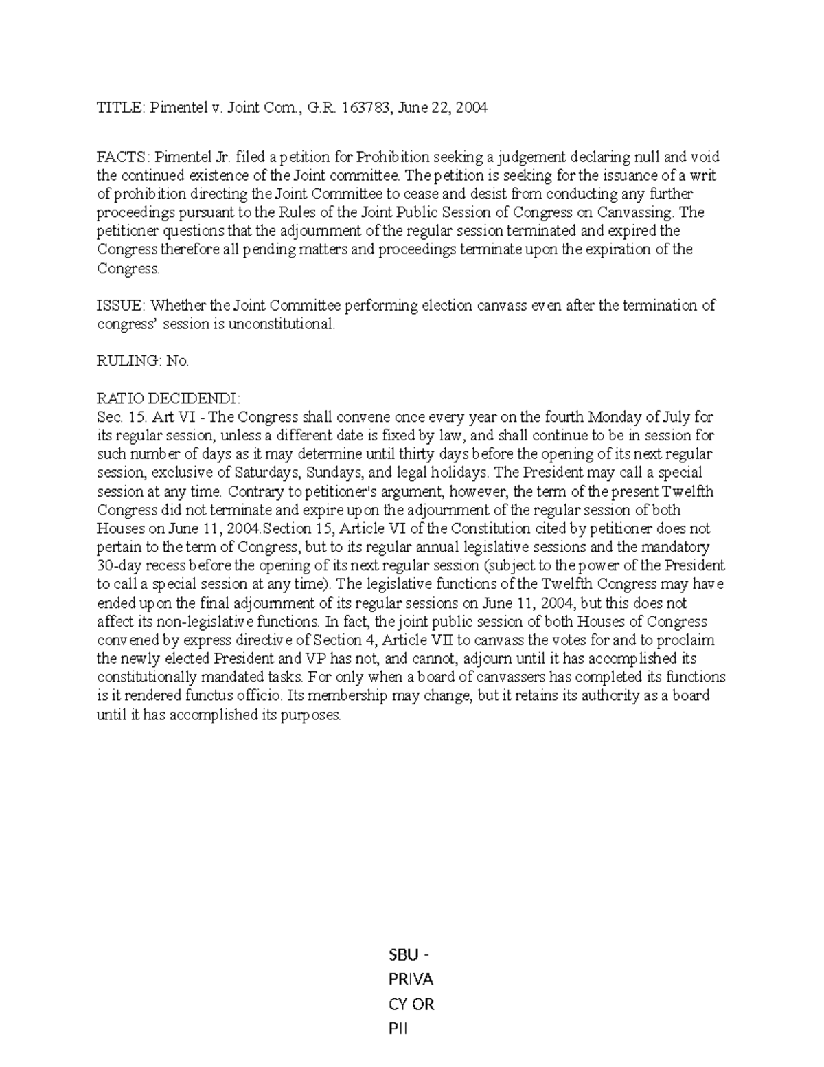 Consti Recit - SBU - PRIVA CY OR TITLE: Pimentel v. Joint Com., G ...