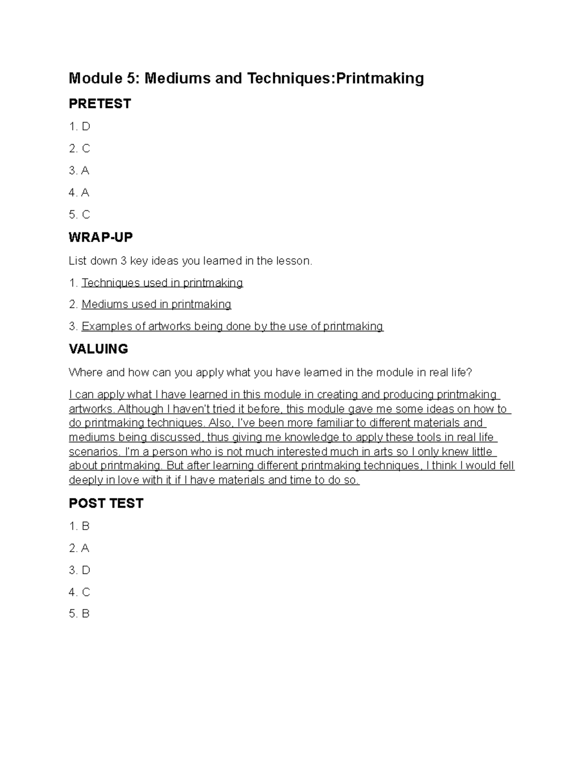 CPAR Q2M5 - CPAR - Module 5: Mediums and Techniques:Printmaking PRETEST ...