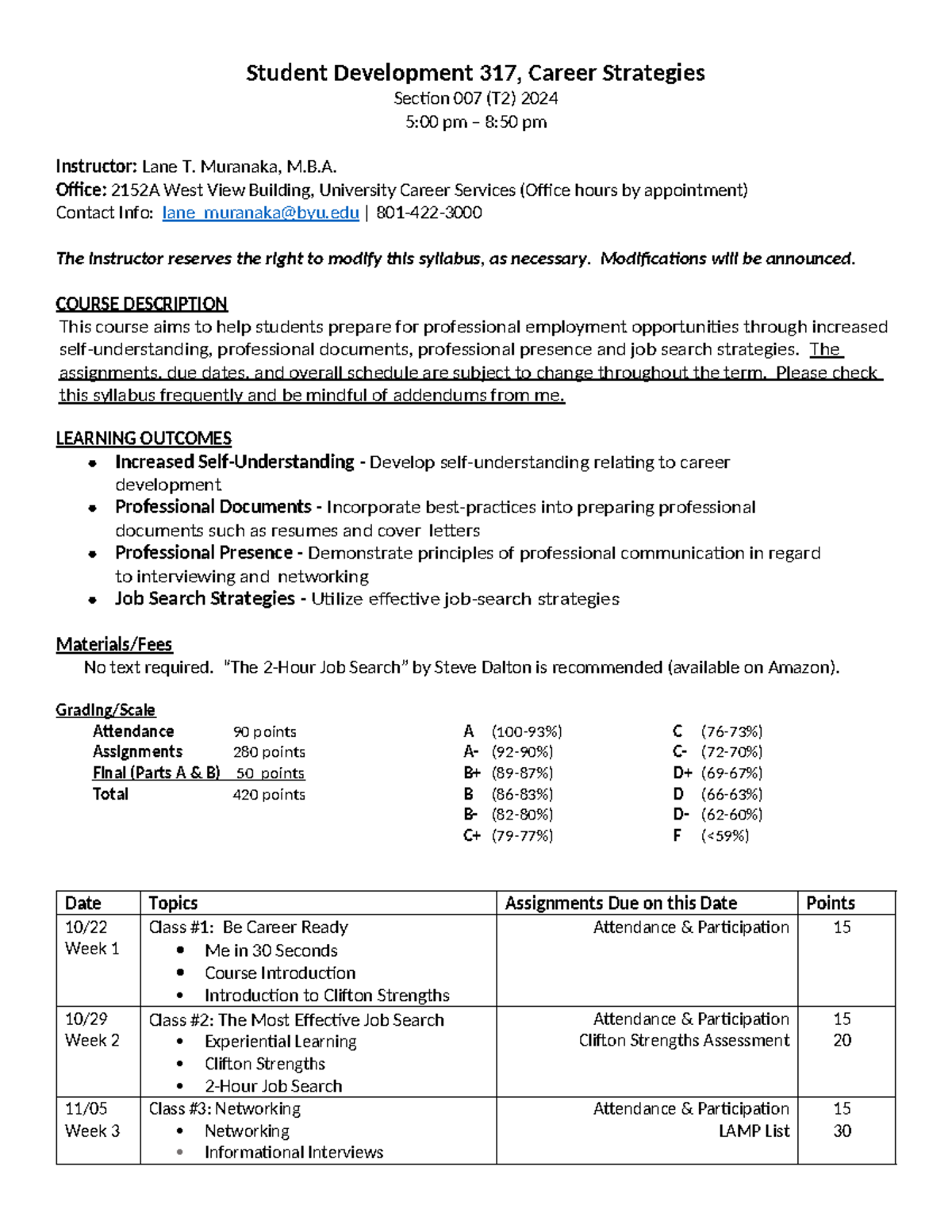 Syllabus Fall 2024 - Student Development 317, Career Strategies Section ...