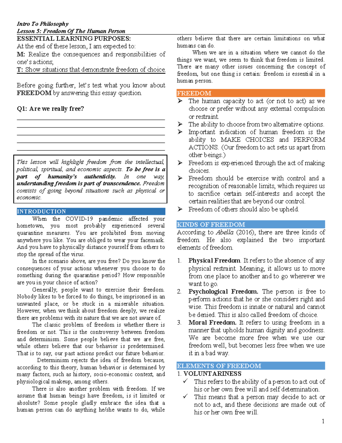 Lesson 5 Handout - Lesson 5: Freedom Of The Human Person ESSENTIAL ...
