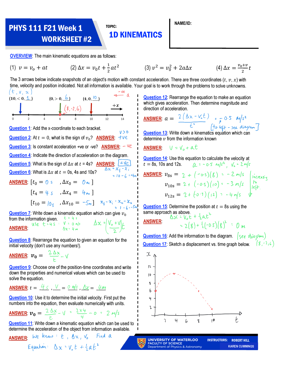 PHYS111 Week1-Worksheet 02-Solution-part1 - WORKSHEET 1D KINEMATICS ...