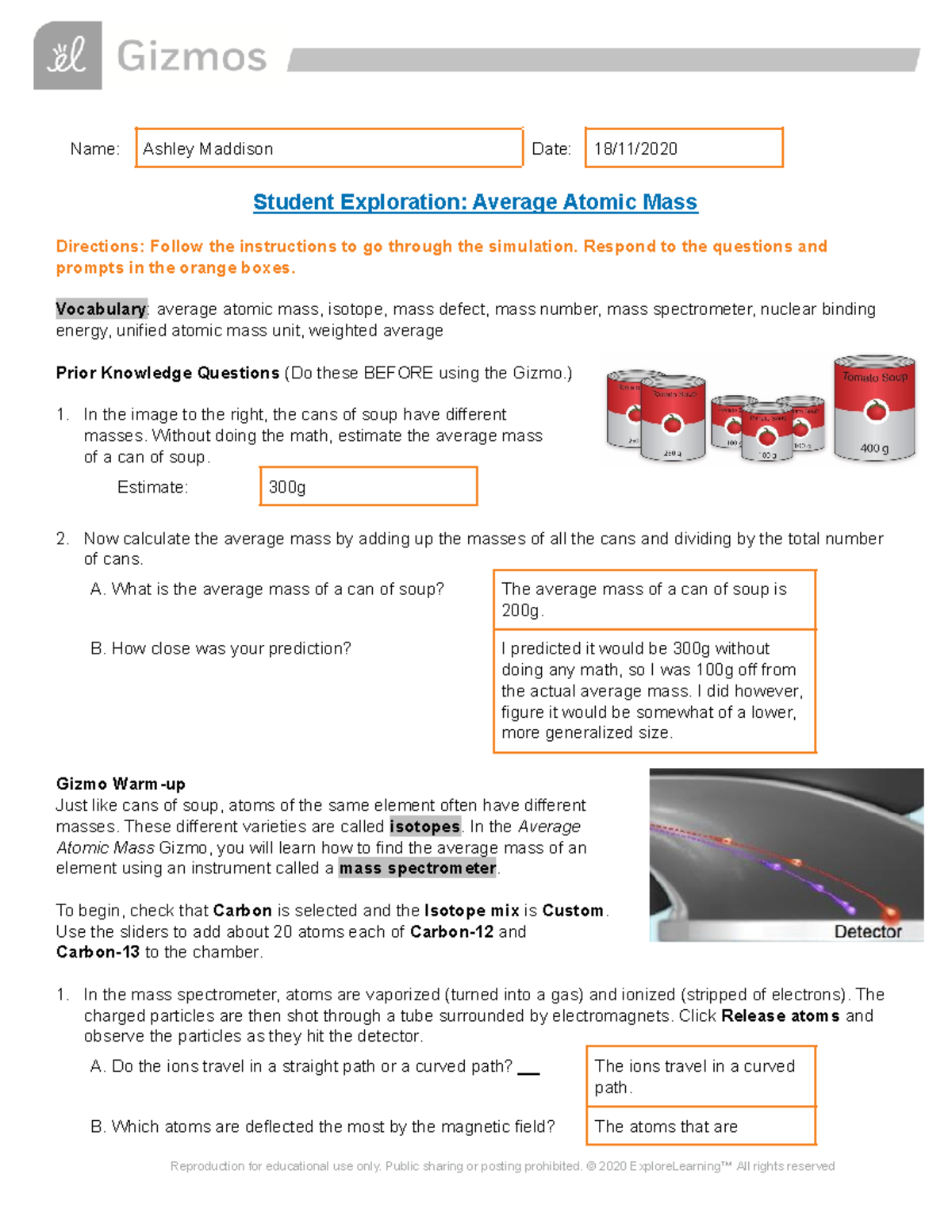 Average Atomic Mass Gizmo - Name: Ashley Maddison Date: 18/11/ Student ...