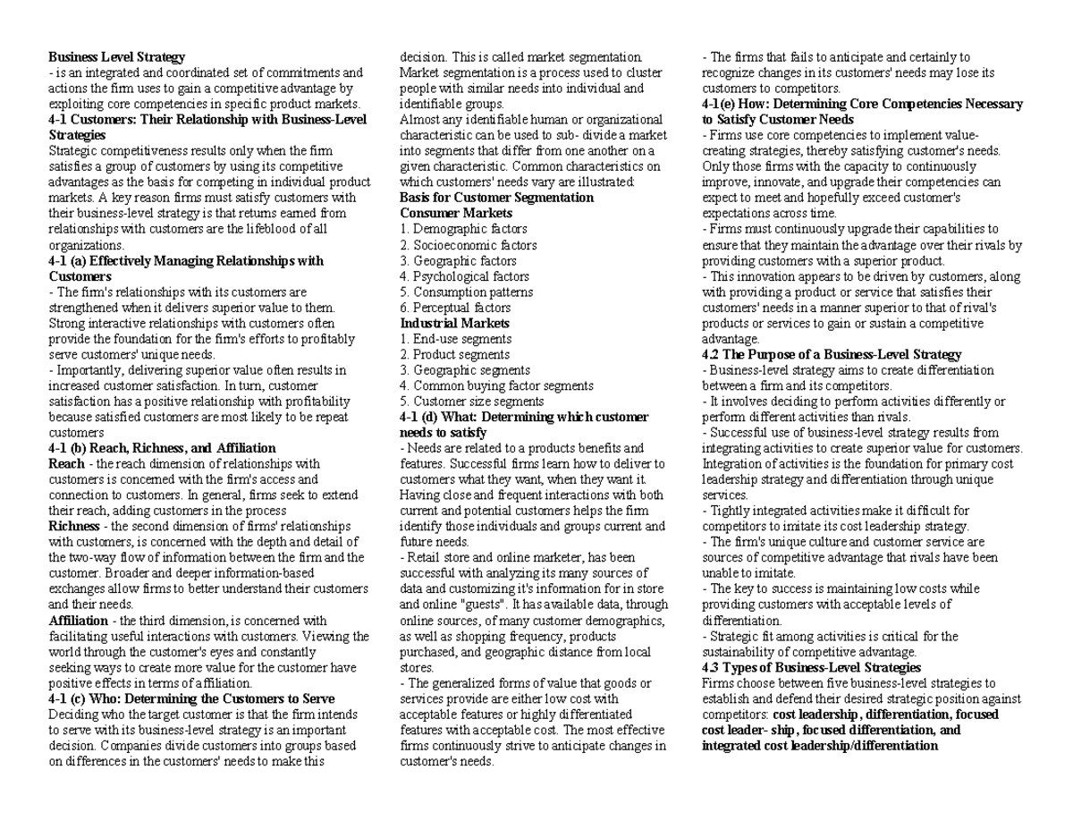 Strat Final term reviewer - Business Level Strategy is an integrated ...