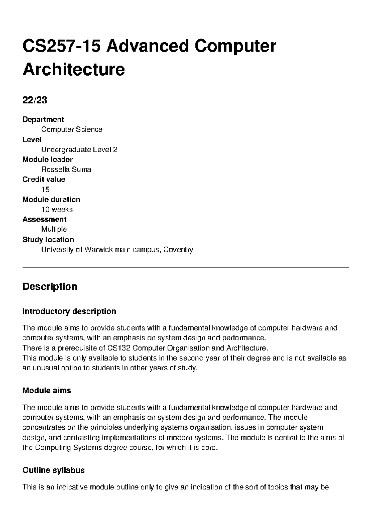 CS257-15-2022 - CS257-15 Advanced Computer Architecture 22/ Department Computer Science Level ...