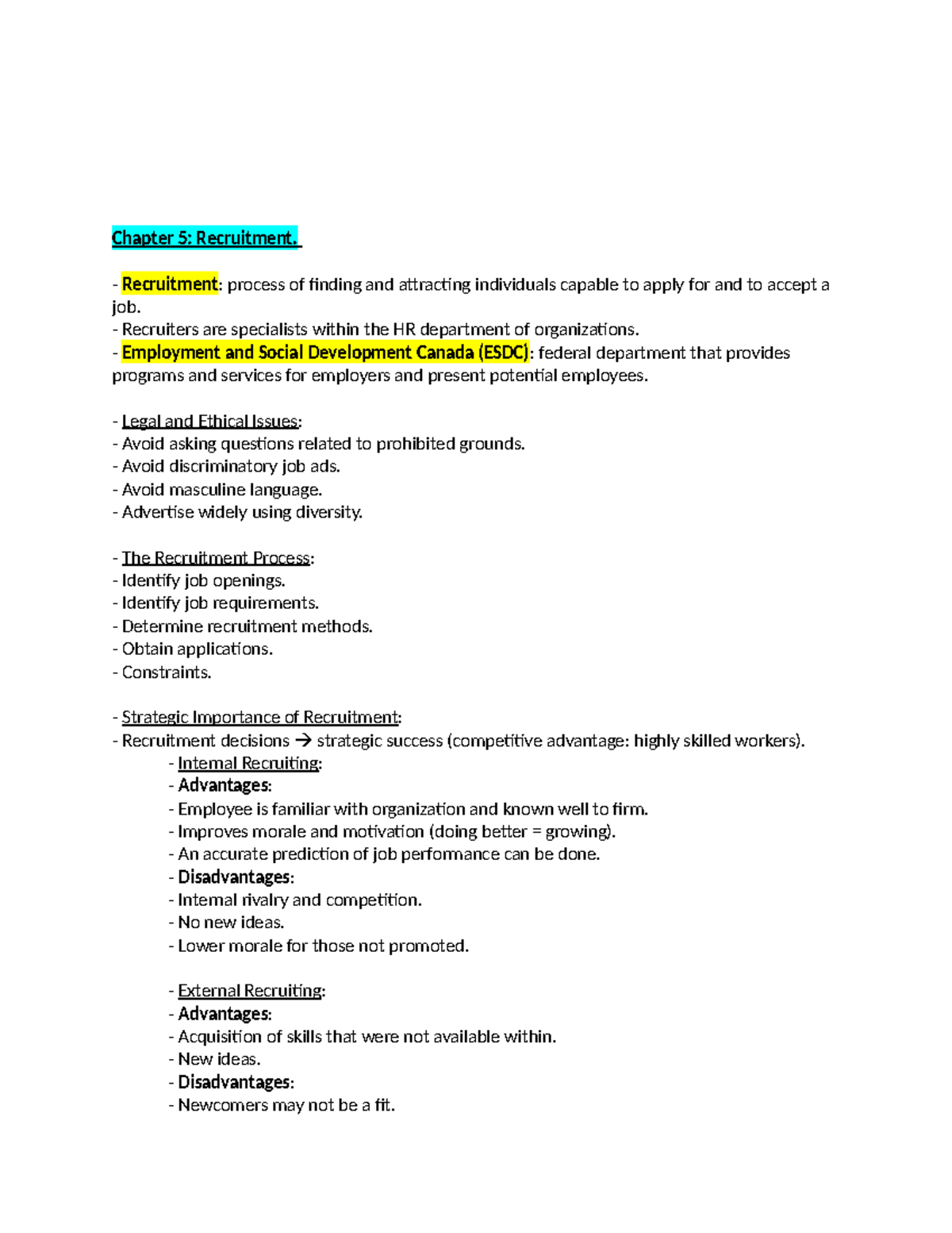 BU354 Notes-4 - Chapter 5: Recruitment. Recruitment: process of finding ...