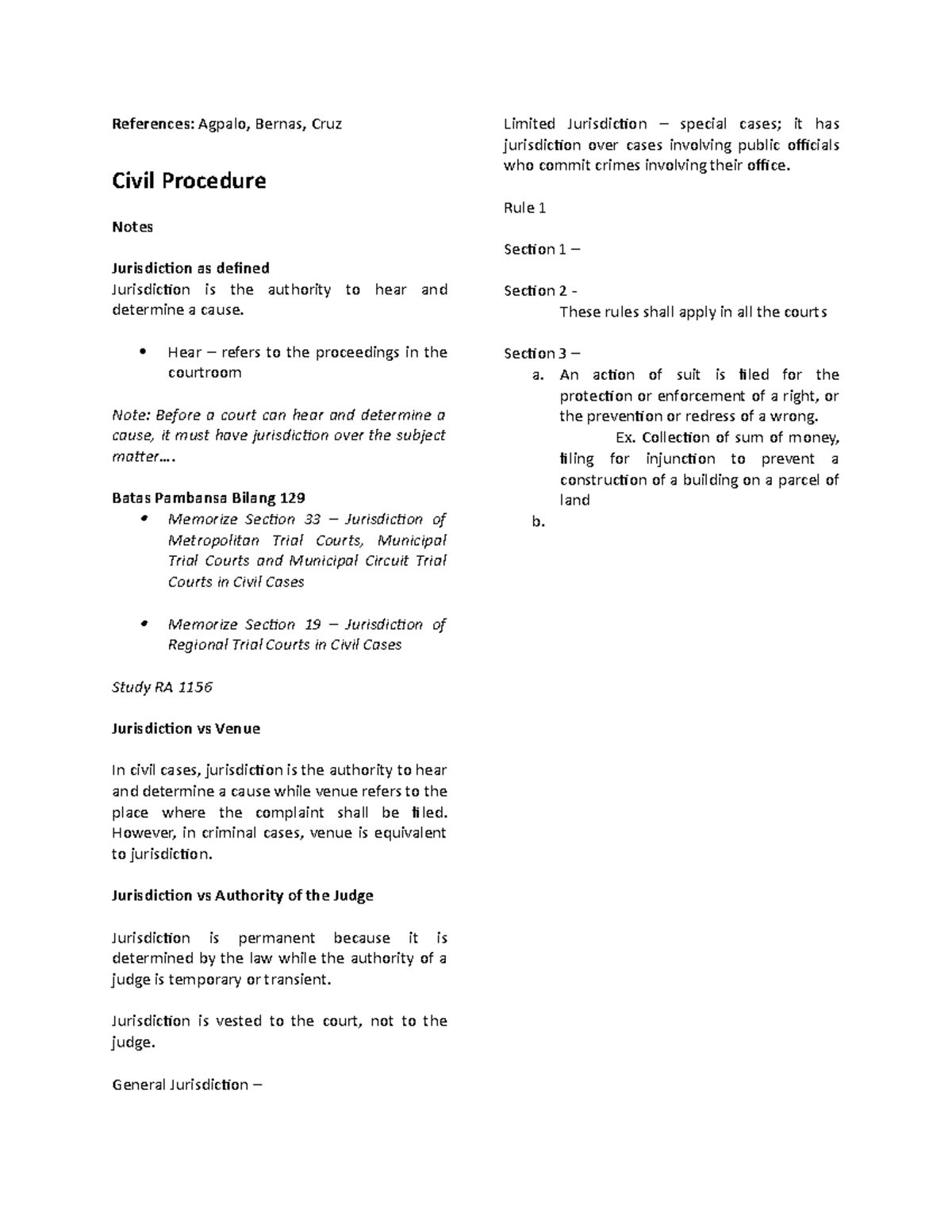 Lecture Notes for Civil Procedure Discussions - Juris Doctor - Studocu
