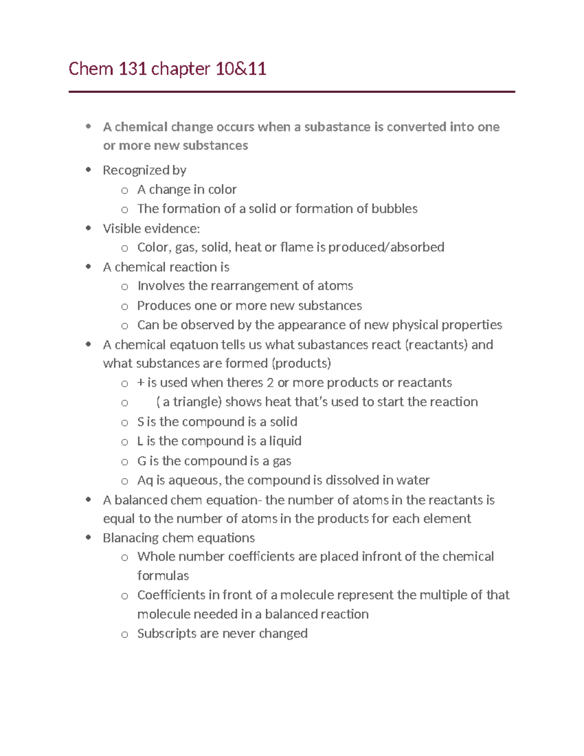 Chem 131 chapter 10 & 11 - Chem 131 chapter 10& A chemical change ...