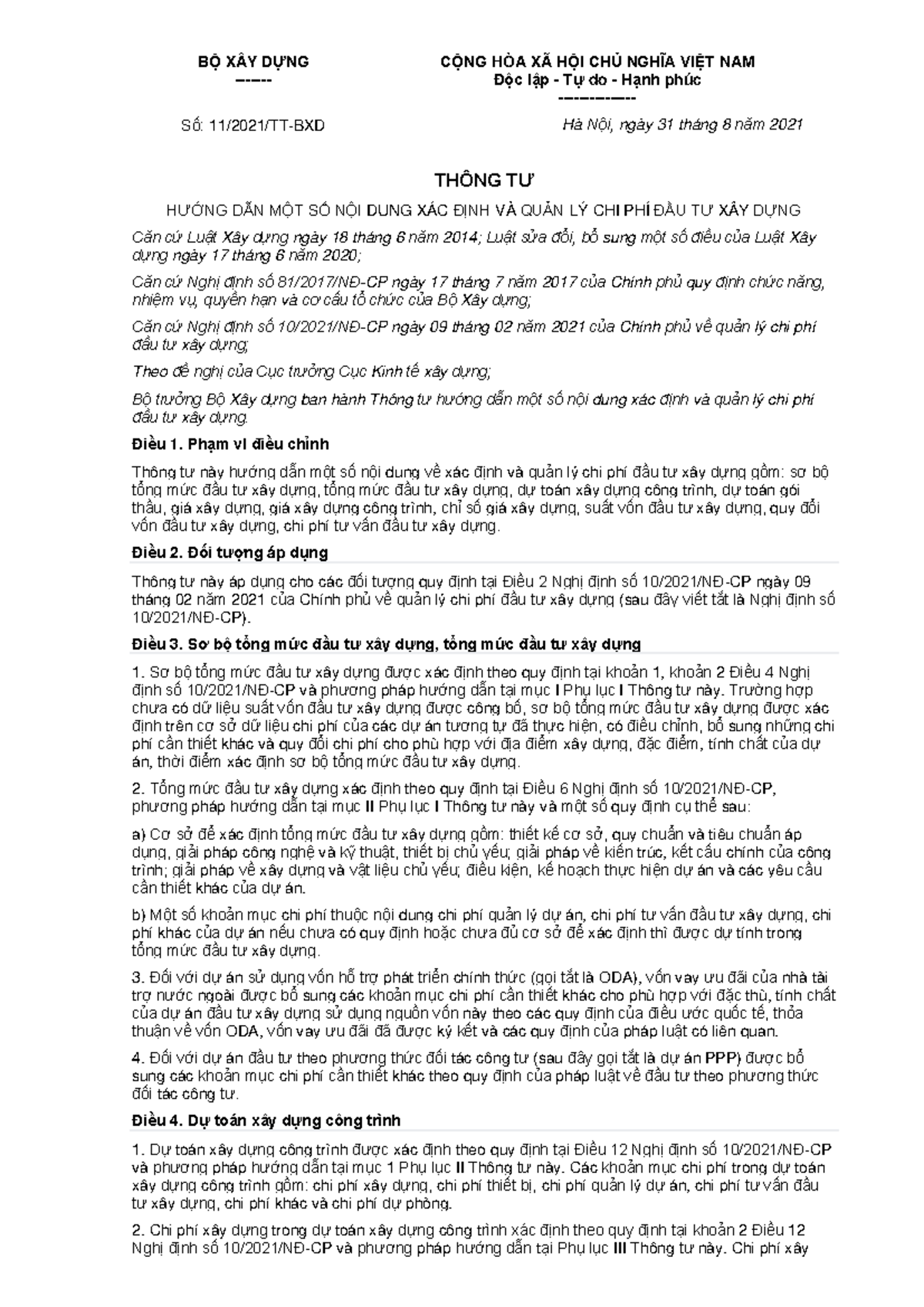 11 2021 TT-BXD xac dinh va quan ly chi phi dau tu xay dung - BỘ XÂY DỰNG - CỘNG HÒA XÃ HỘI CHỦ ...