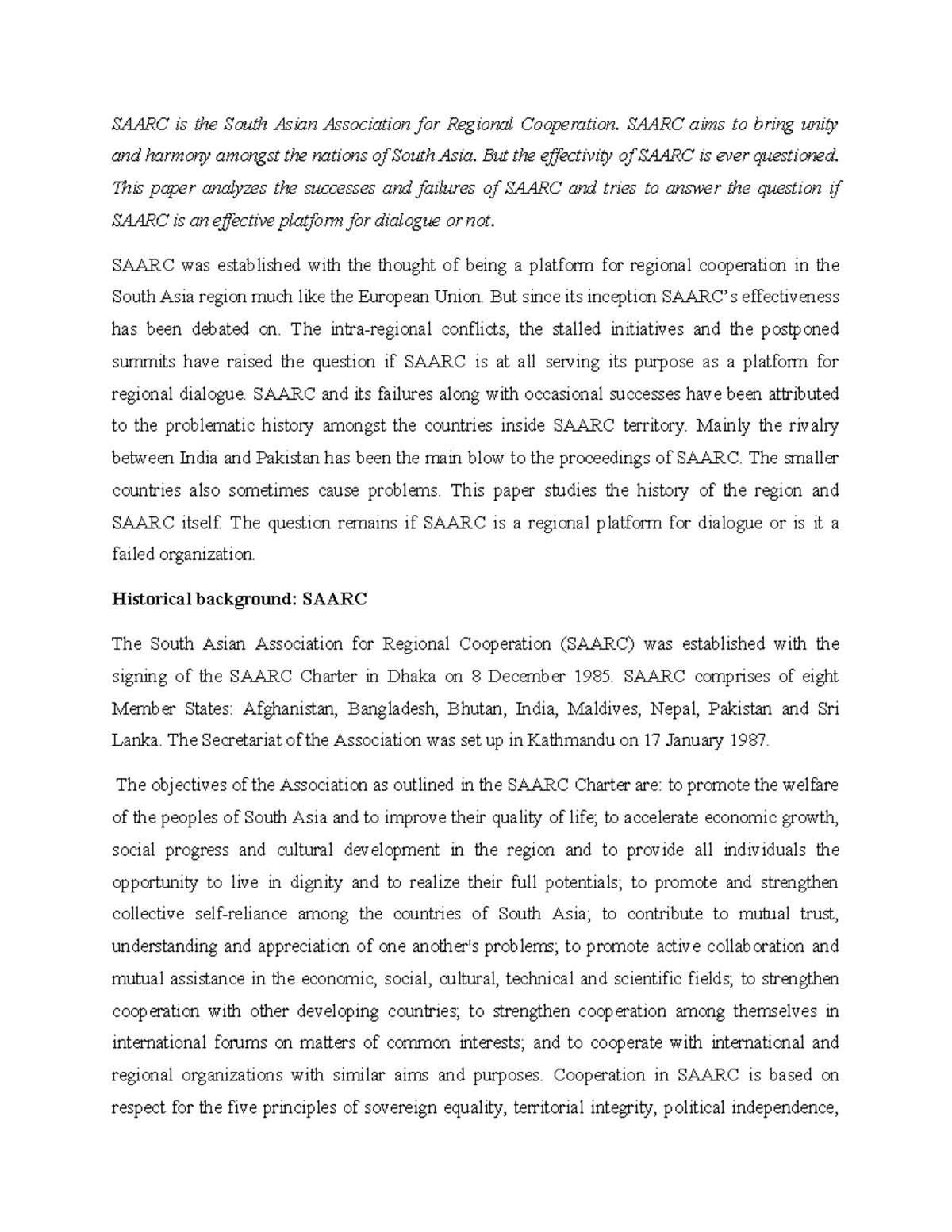 BIA- Saarc - A lecture note that might help students. - SAARC is the South Asian Association for ...