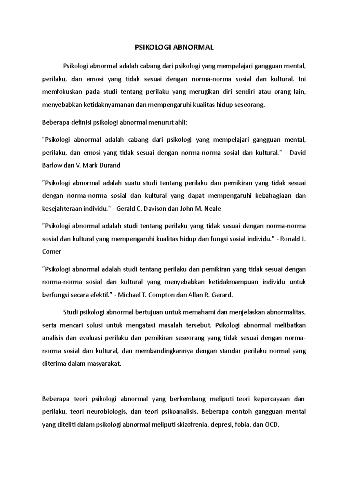 Psikologi Abnormal - PSIKOLOGI ABNORMAL Psikologi abnormal adalah ...