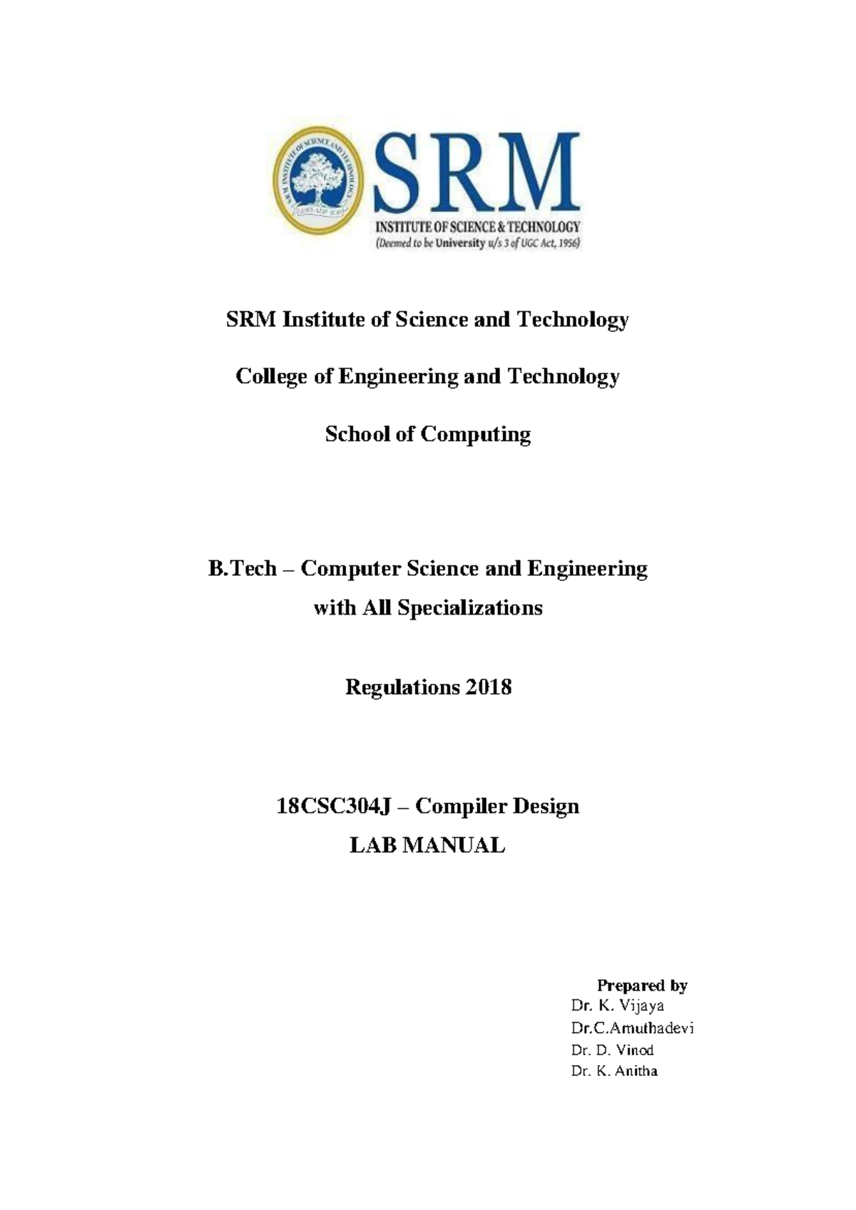 18CSC 304J-Compiler design Lab manual-SCO copy - SRM Institute of ...