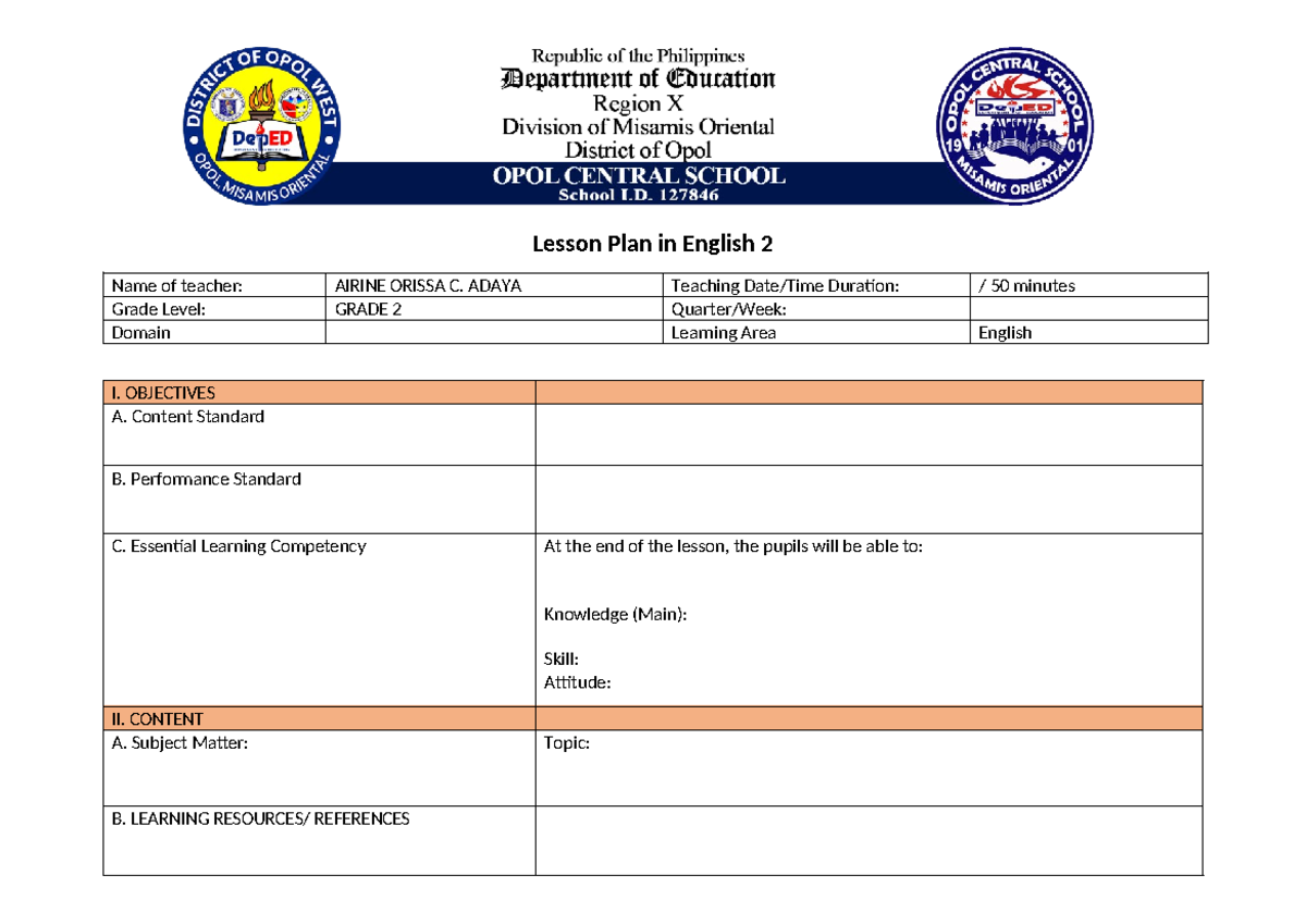 Adaya Lesson-PLAN-IN- English-5 - Lesson Plan in English 2 Name of ...