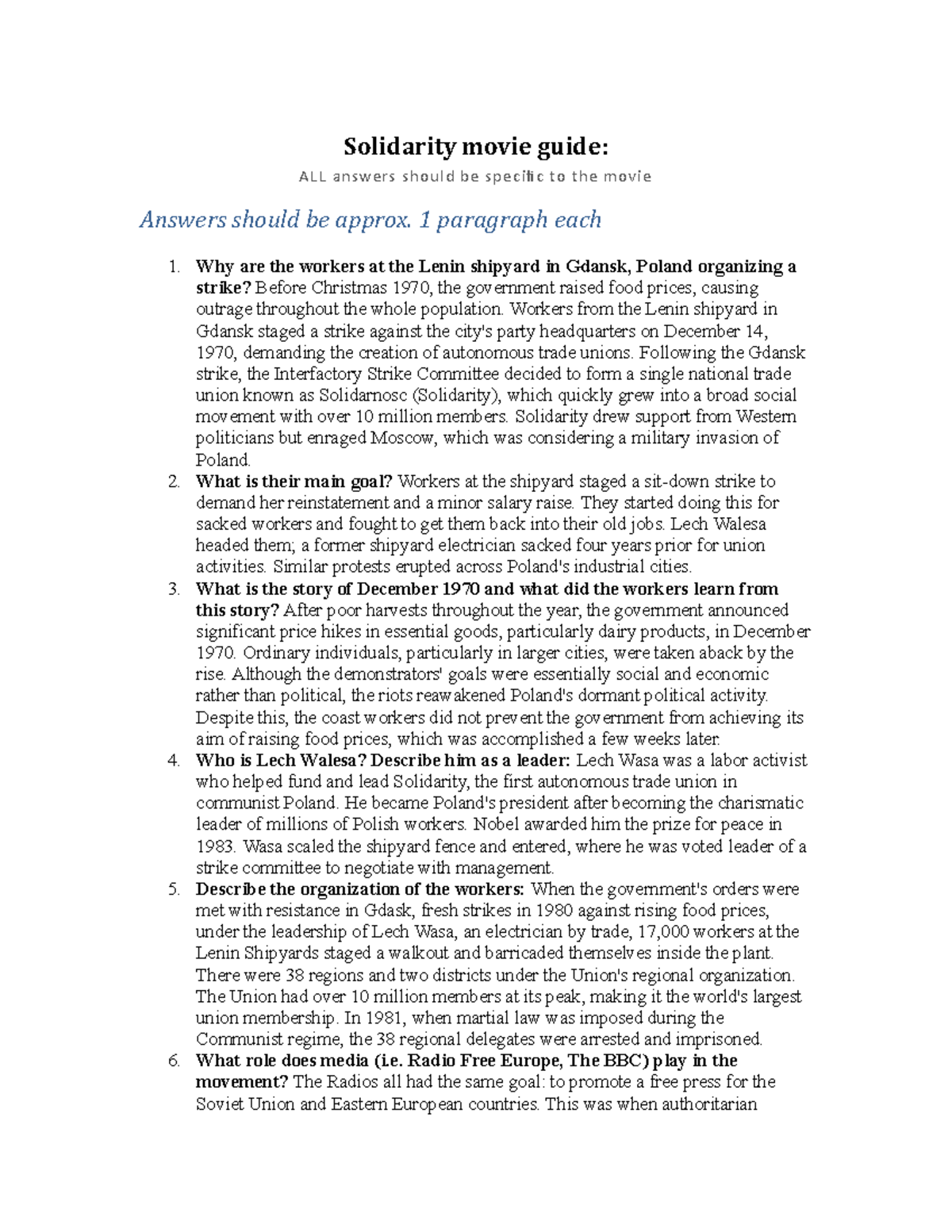 Solidarity movie guide - Solidarity movie guide: ALL answers should be ...
