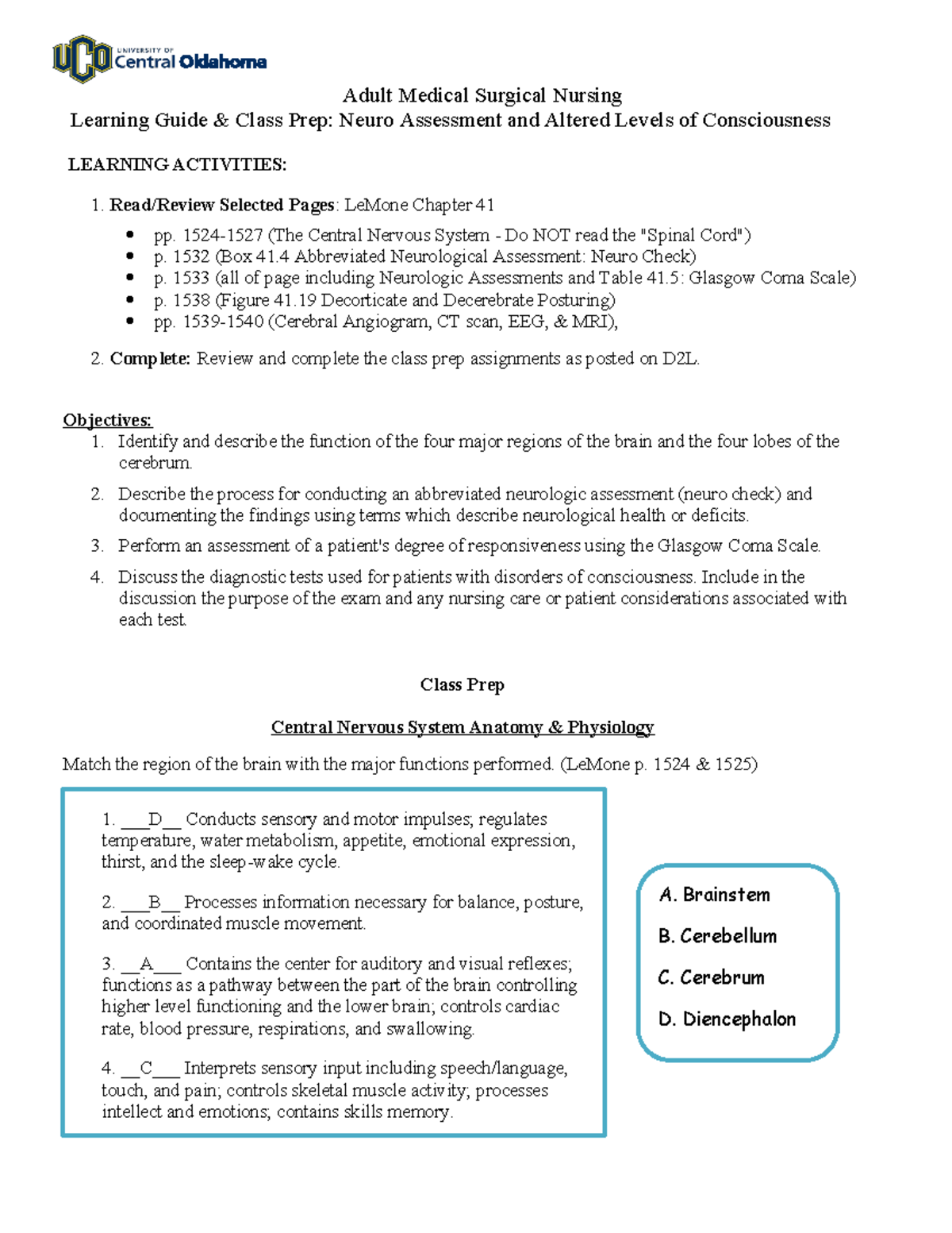 Learning Guide & Class Prep - Neuro Assessment & Altered LOC - Adult ...