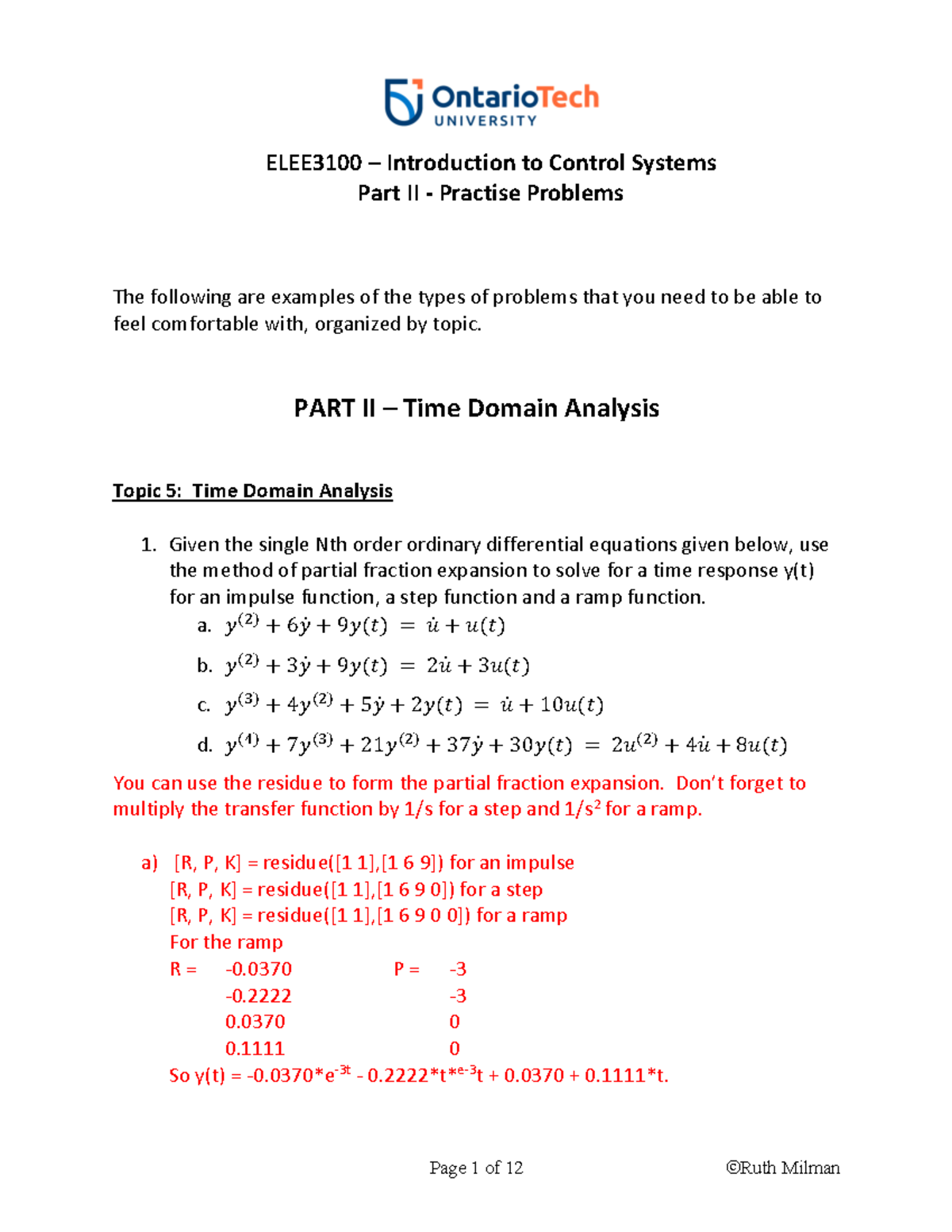 Part II - Practice Problems by Topic - with solution hints - ELEE3100 – Introduction to Control ...