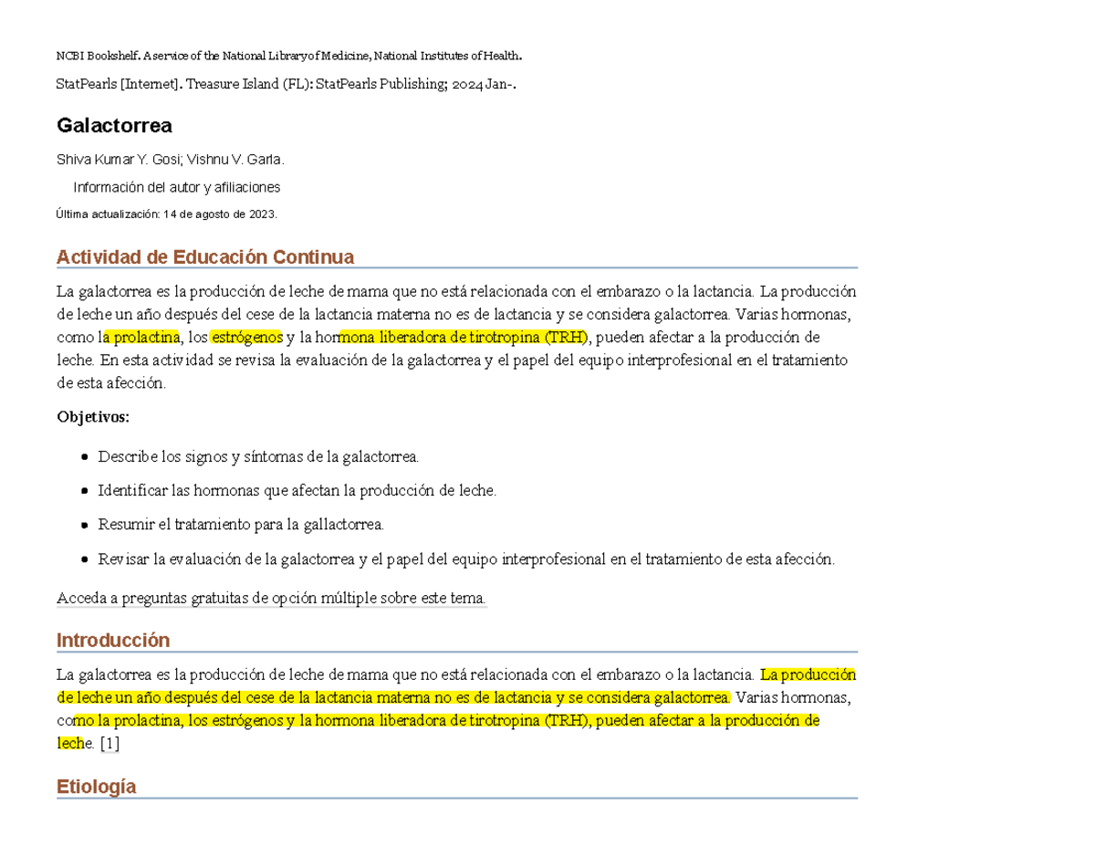 Galactorrea resumen - NCBI Bookshelf. A service of the National Library ...
