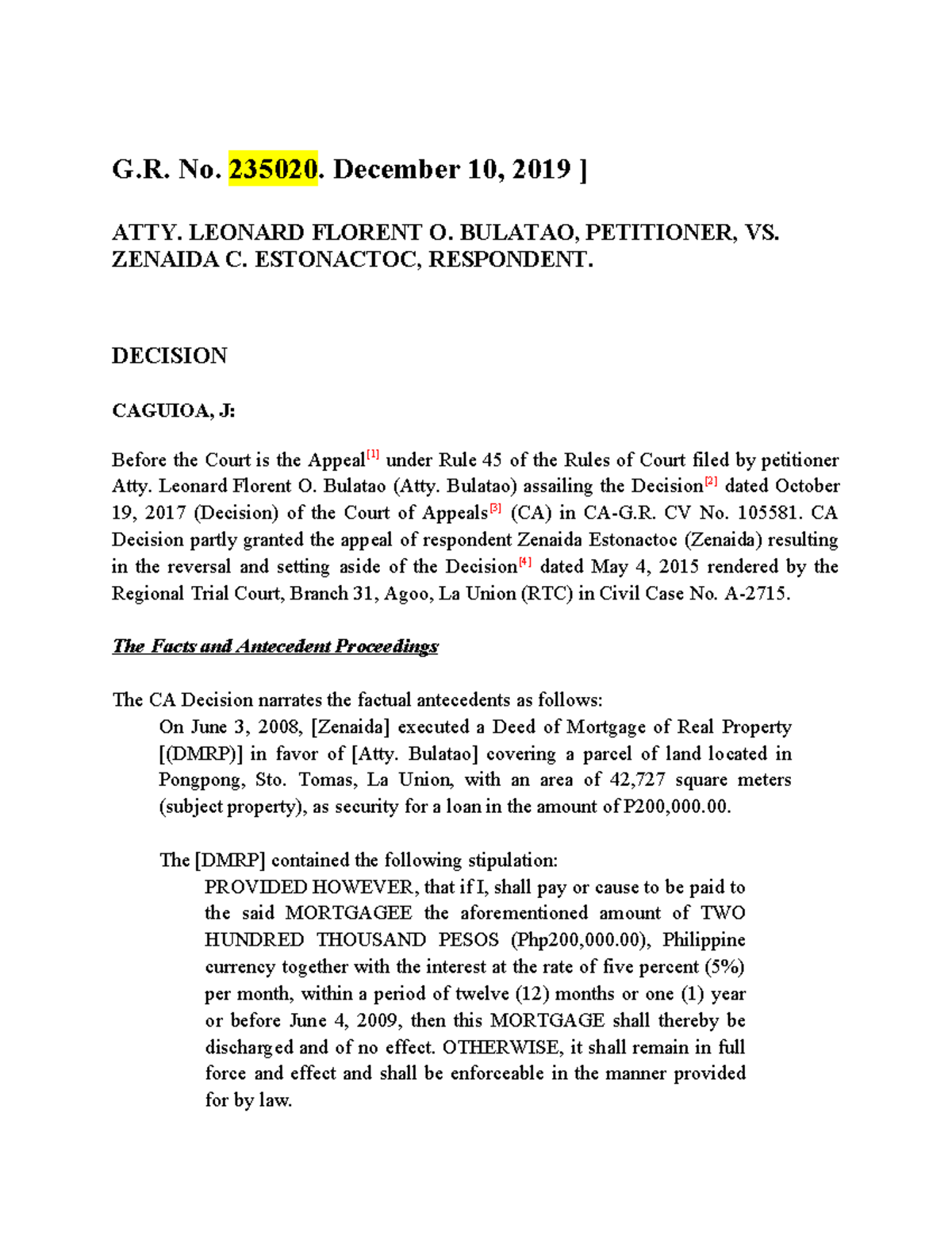 235020 Bulatao - Commercial Law - G. No. 235020. December 10, 2019 ...