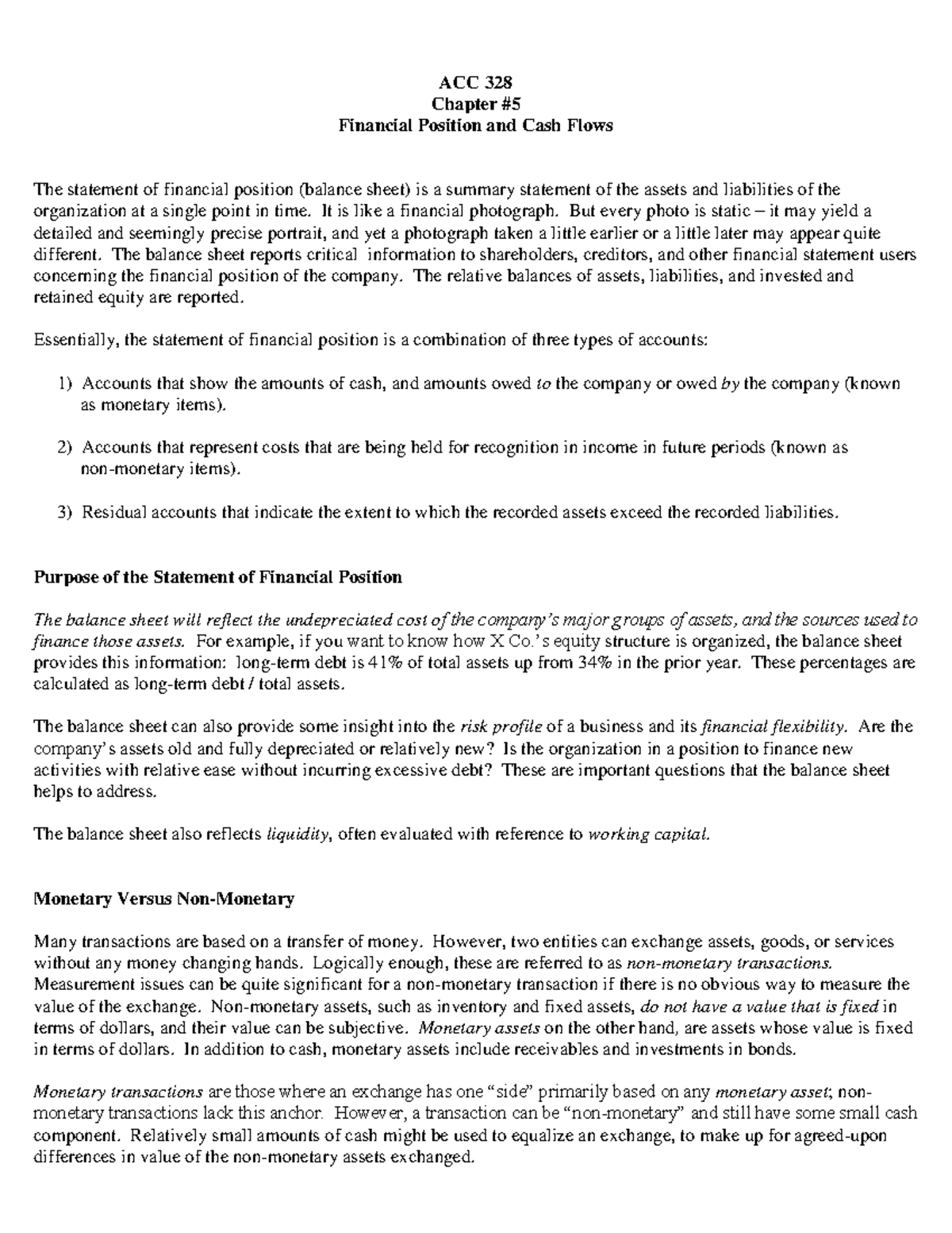 ACC 328 Chapt. #5 Handout 2023-2 - ACC 328 Chapter # Financial Position ...