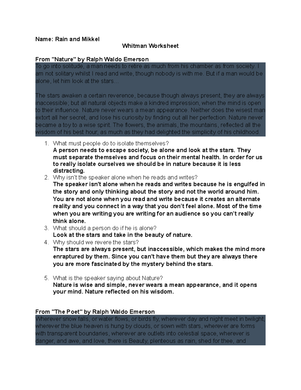 Whitman Story of myself - Name: Rain and Mikkel Whitman Worksheet From ...