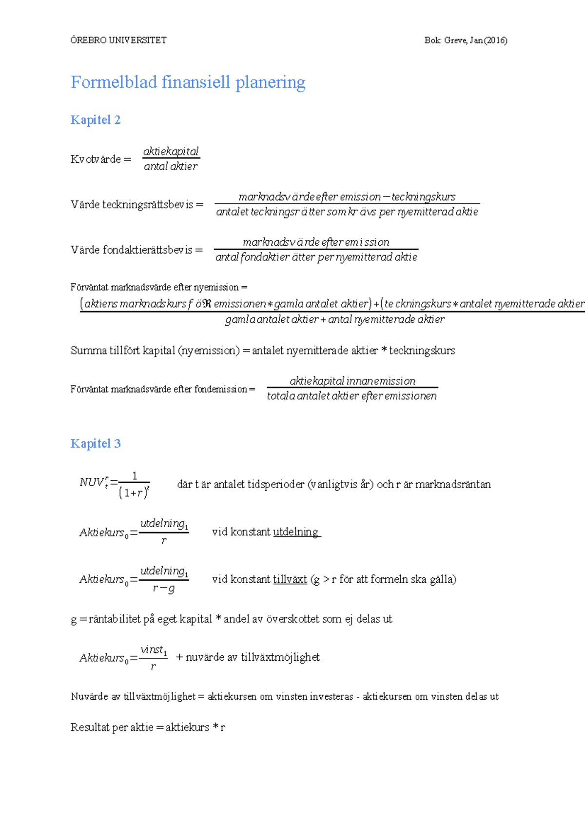 Formelblad finansiell planering - Formelblad finansiell planering ...