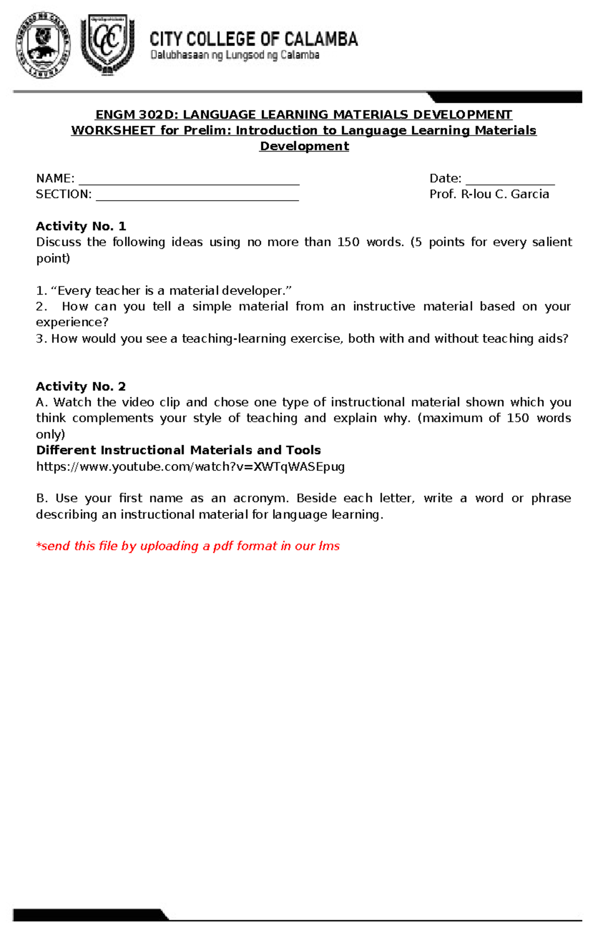 LLMD Worksheet 1 - ENGM 302D: LANGUAGE LEARNING MATERIALS DEVELOPMENT ...